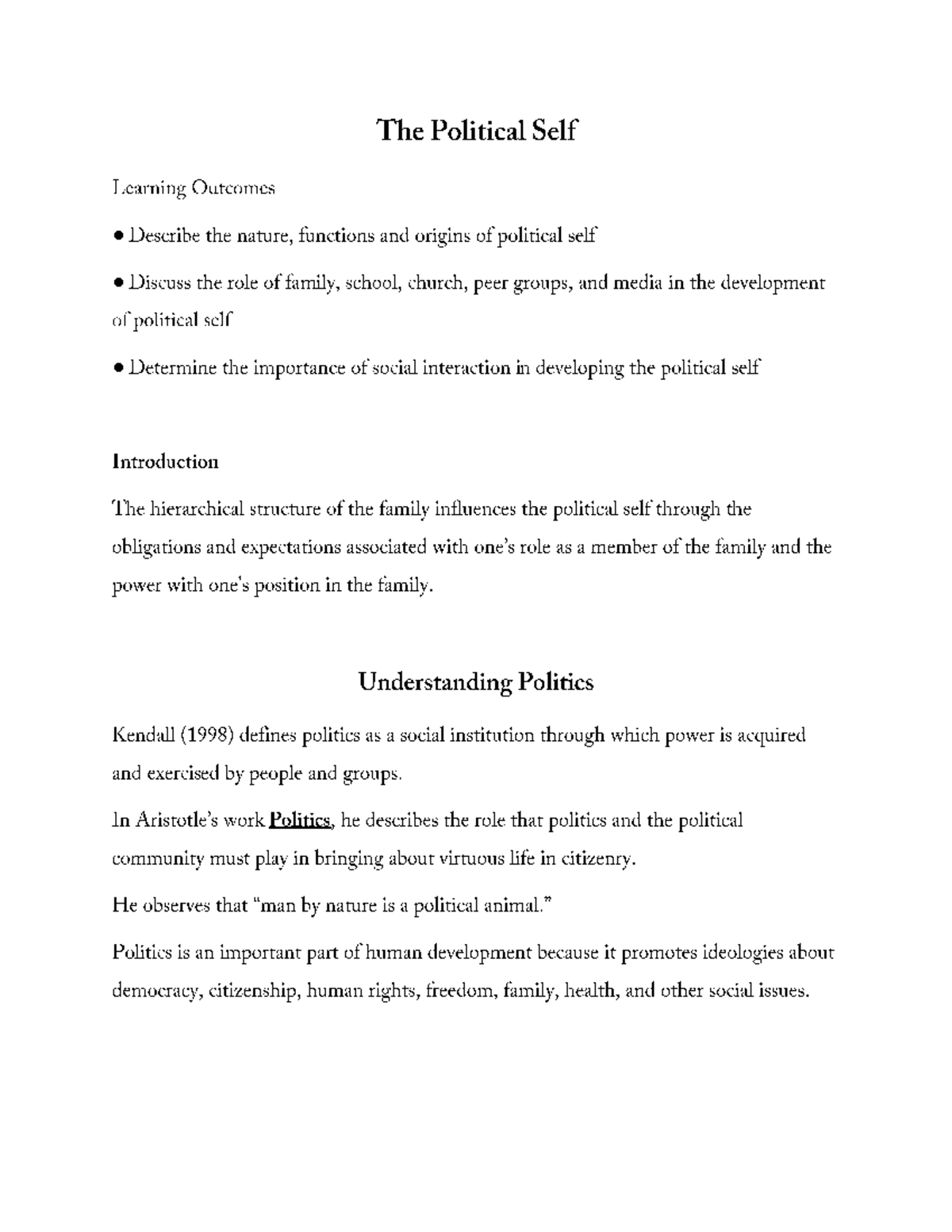 GEC 1 The Political Self - Understanding the Self - - Studocu