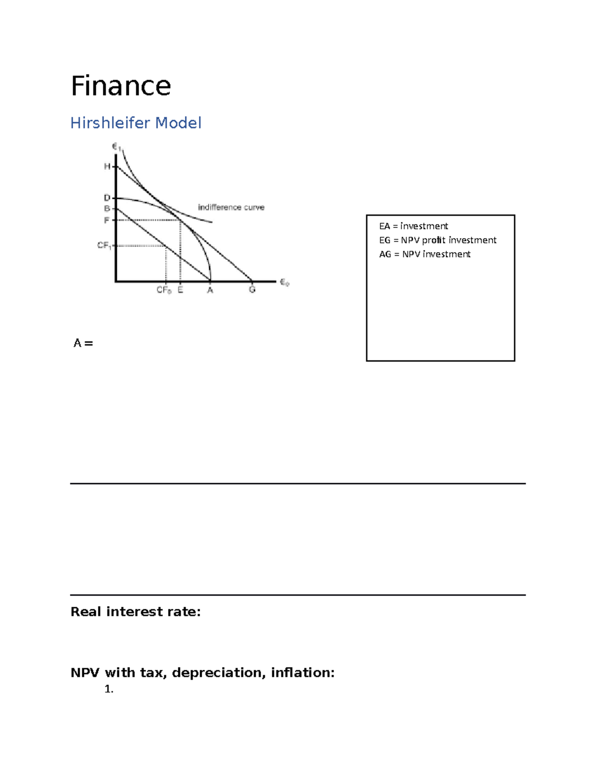 Finance I samenvatting - Finance Hirshleifer Model A = Real interest rate: NPV with tax ...
