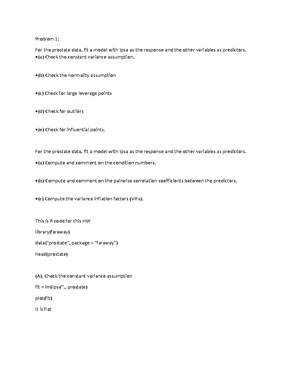 HW 7 - This is Applied Regression HW - 1 Problem 1 (10 points) Using the ozone data, fit a model ...