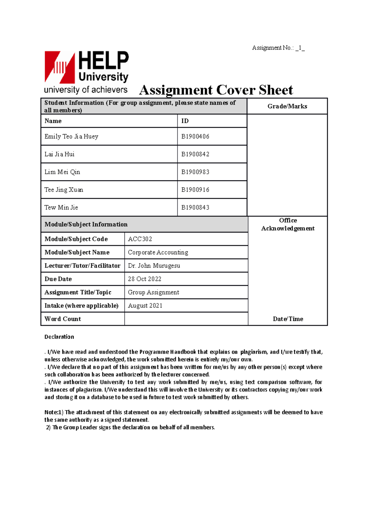 Group Assignment 2 - note - Assignment No.: 1 Assignment Cover Sheet ...