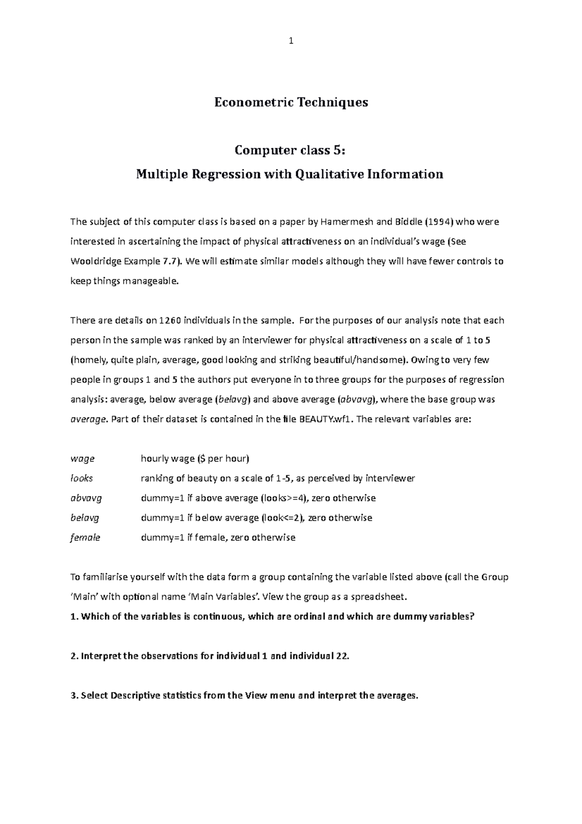 CC5 Qualitative Information - 1 Econometric Techniques Computer class 5 ...
