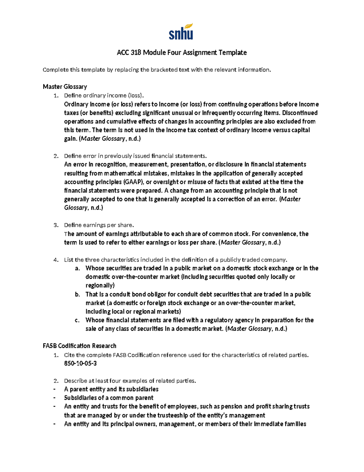 Mod 4 FASB Assignment - ACC 318 Module Four Assignment Template ...