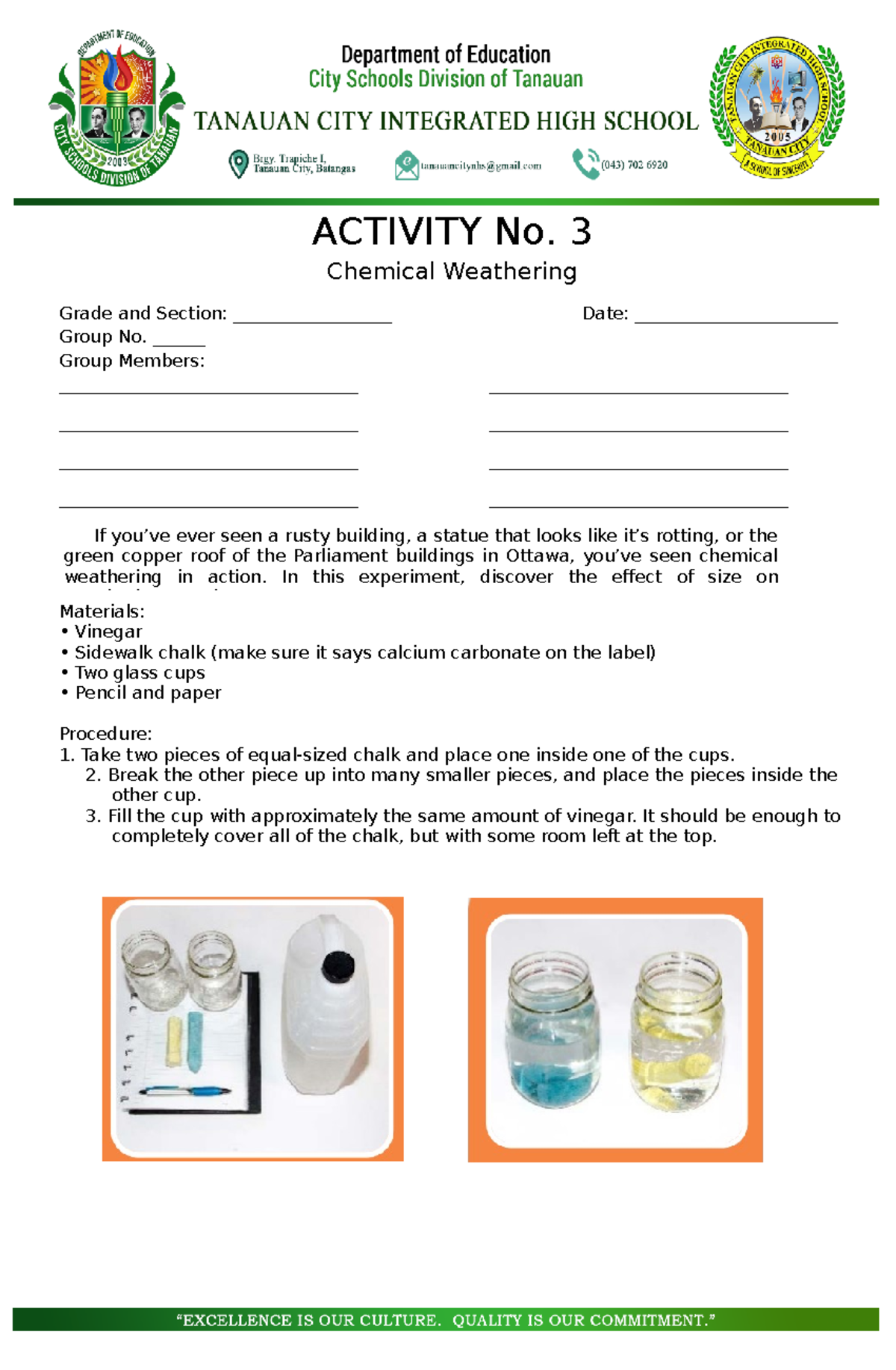 5.3 Weathering Activity 3 - ACTIVITY No. 3 Chemical Weathering Grade ...