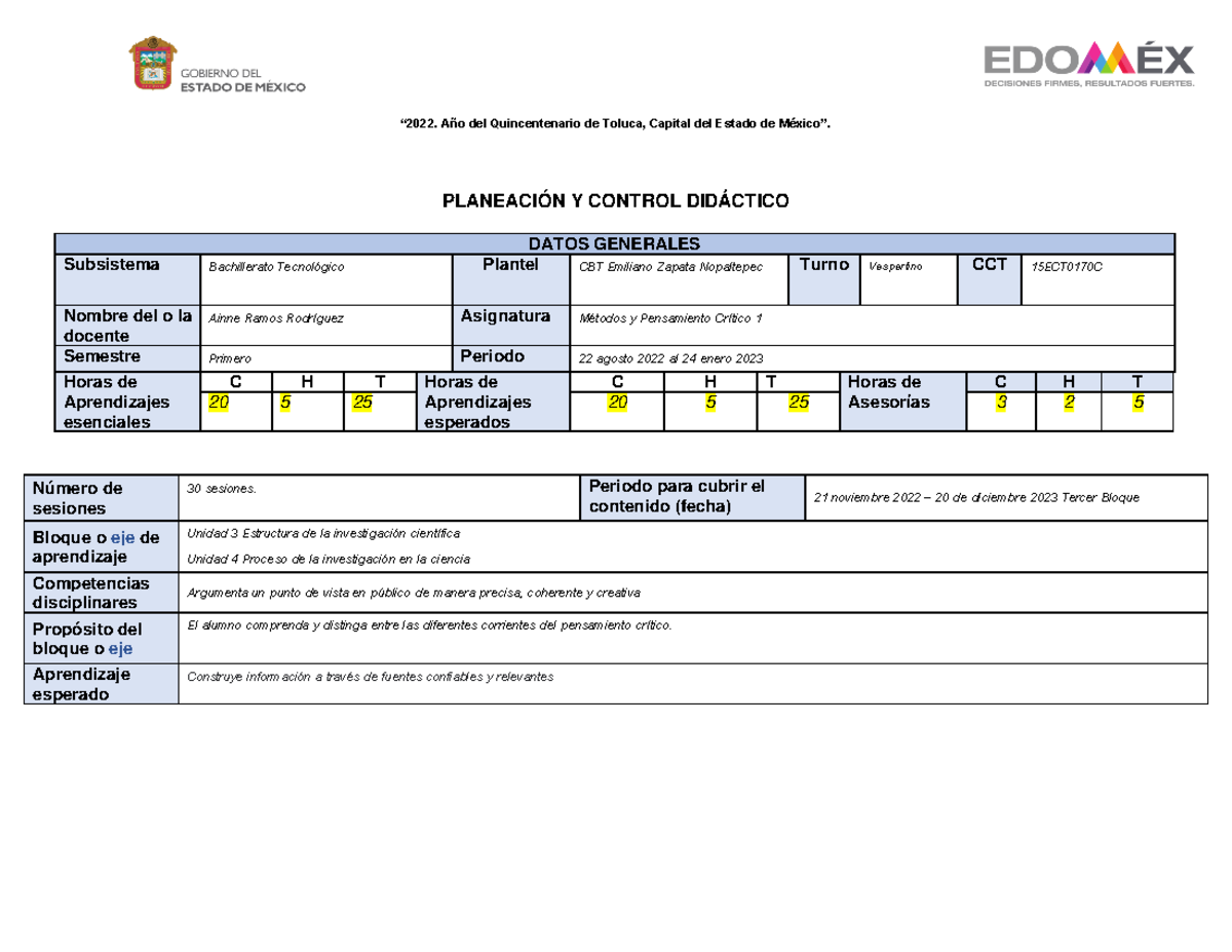 Ainne Ramos MPC1 - MATERIAL - PLANEACIÓN Y CONTROL DIDÁCTICO DATOS GENERALES Subsistema ...