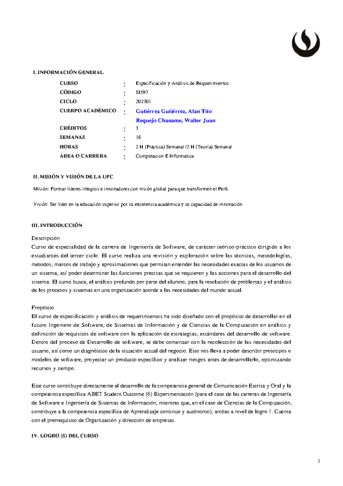 SI397 Especificacion y Analisis de Requerimientos 202301 Silabo - III. INTRODUCCIÓN Descripción ...