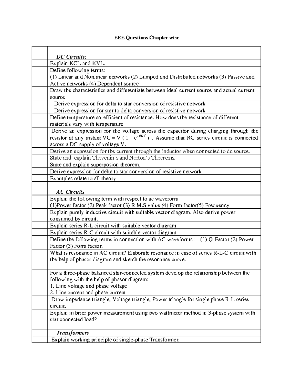 BEE 3110005-Question Bank - EEE Questions Chapter wise DC Circuits ...
