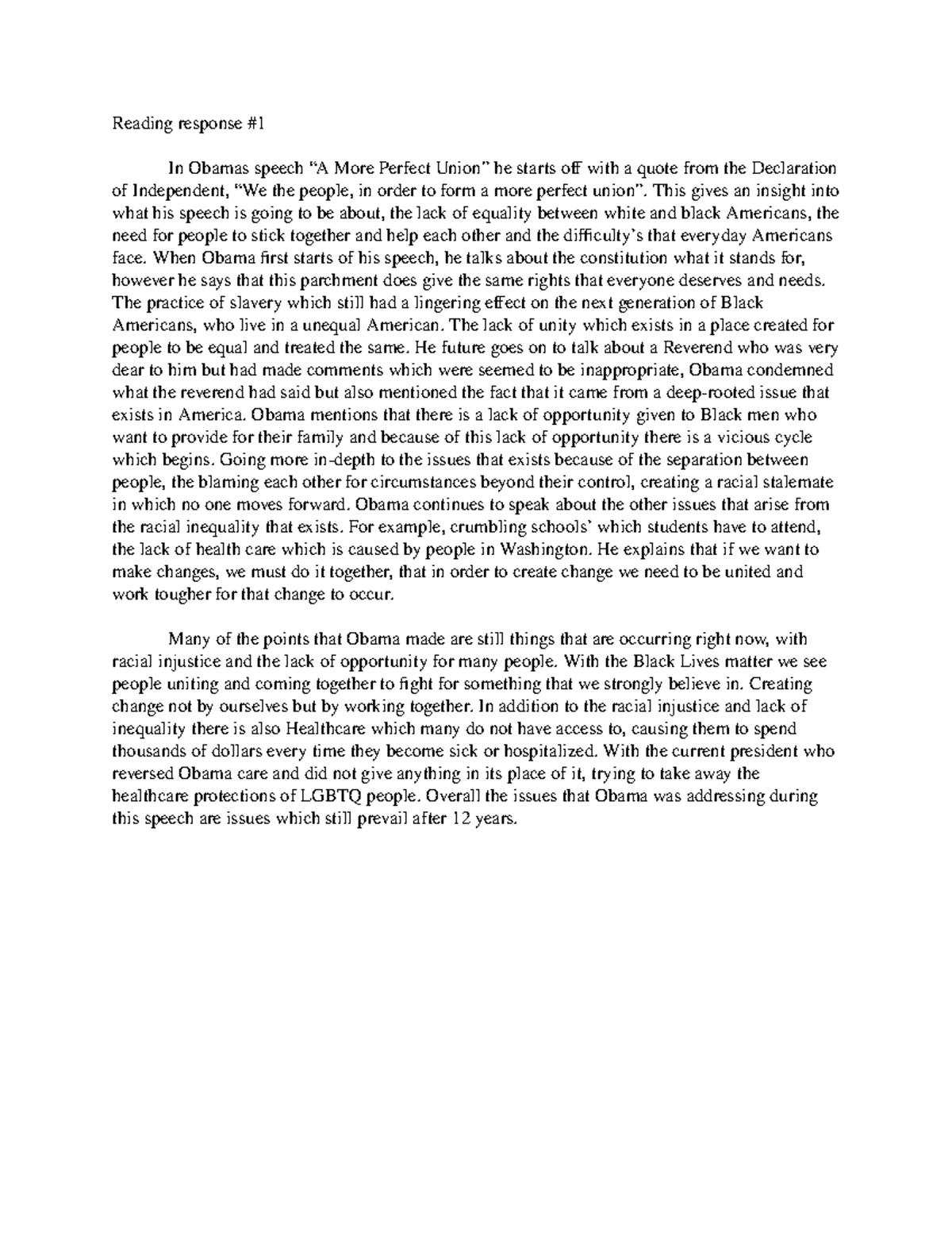 Reading response #1 (09:03:2020) - Reading response # In Obamas speech ...