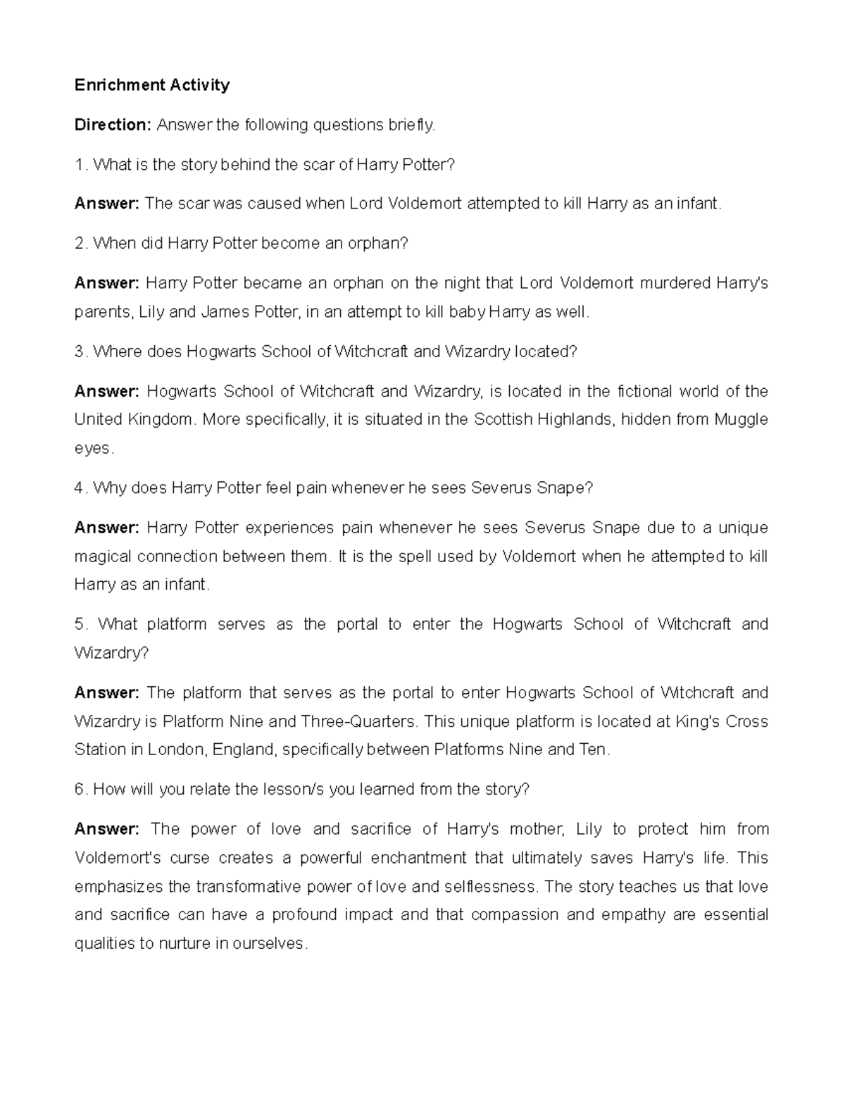 Enrichment Activity Harry Potter and the Sorcerers Stone - Enrichment ...