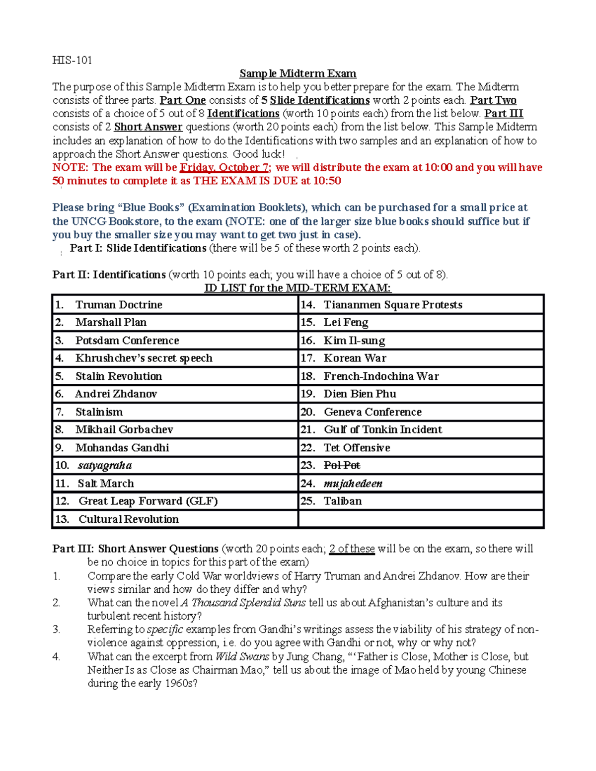 Sample Midterm Exam - The Midterm consists of three parts. Part One ...