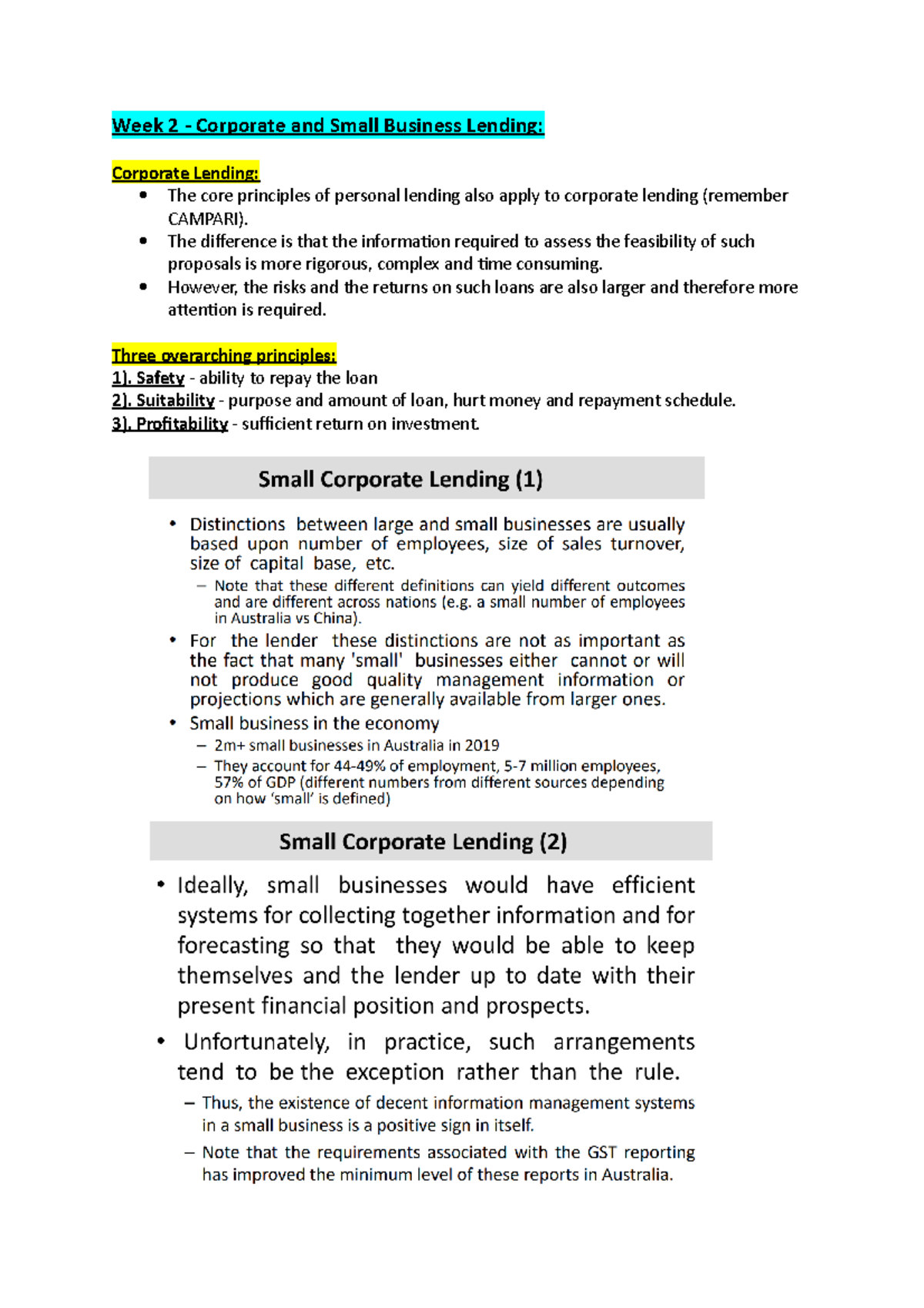 Week 2 - Corporate and Small Business Lending - The difference is that ...