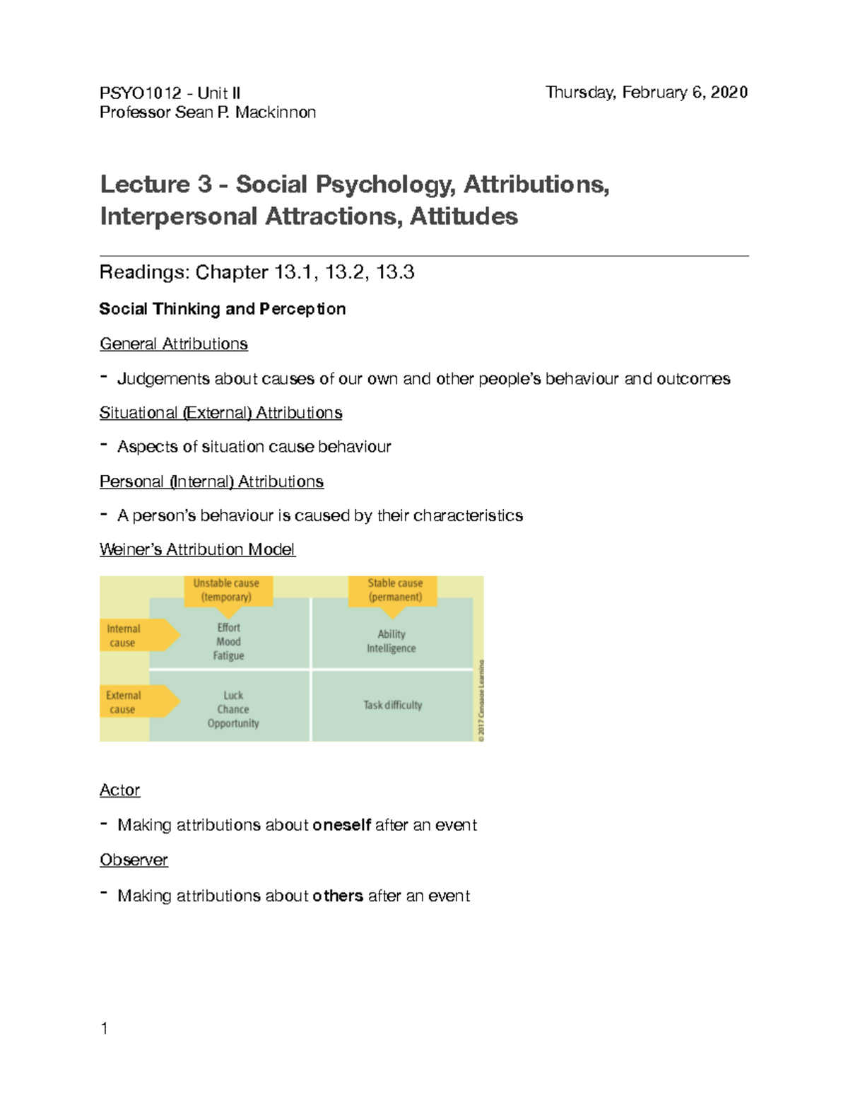 Unit 2 Lecture 3 - Social Psychology, Attributions, Interpersonal ...