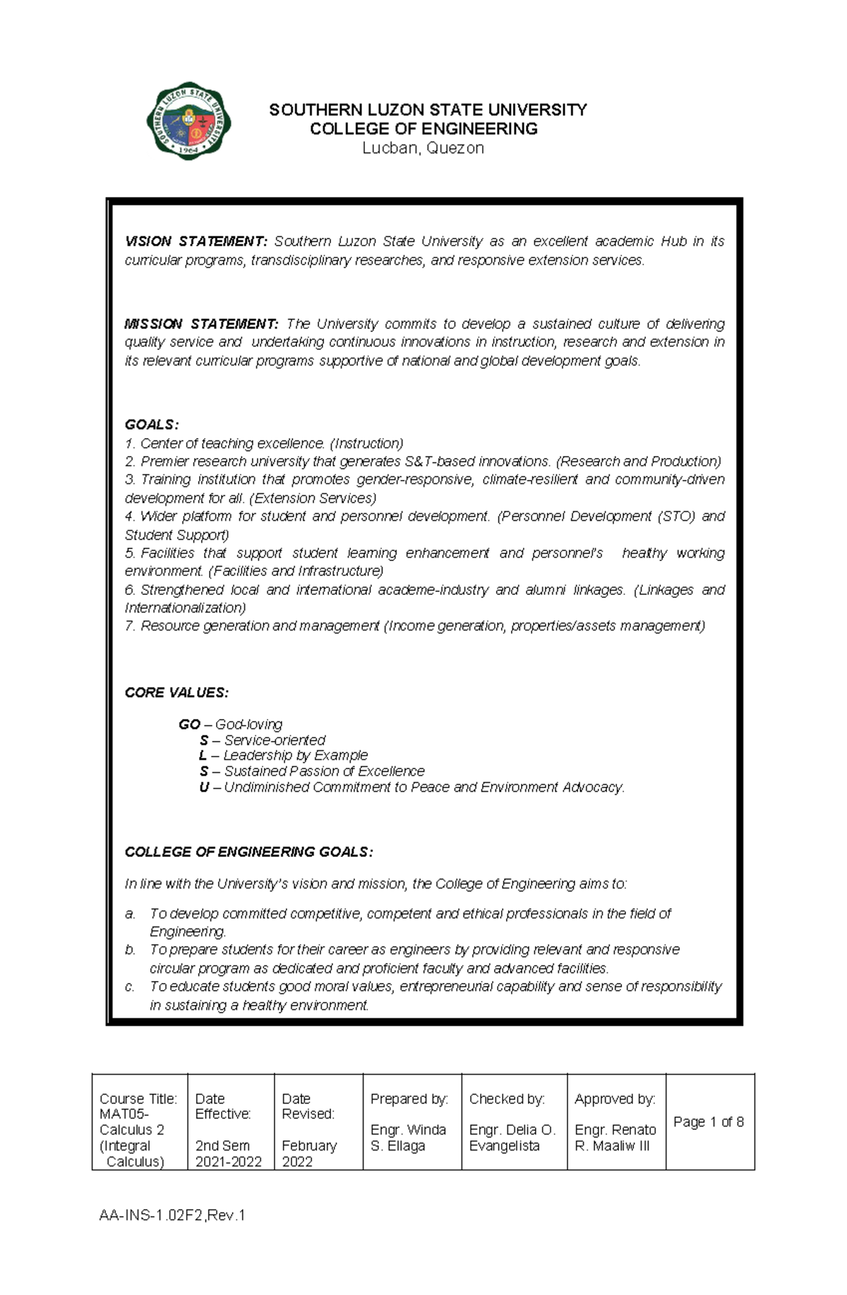 MAT05- Integral Calculus Syllabus - Course Title: MAT05- Calculus 2 ...