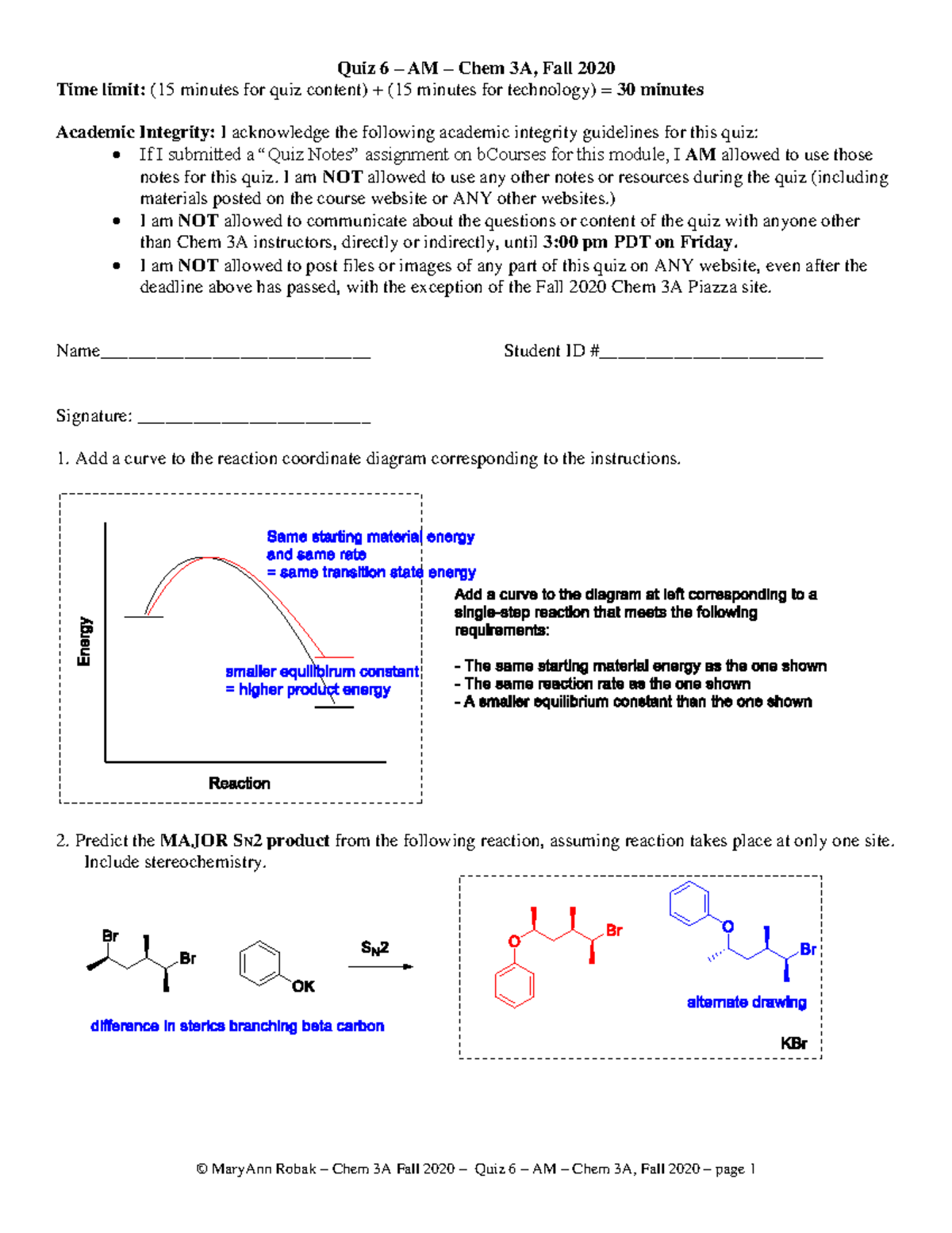 Fa20 3A Quiz 06 AM Key - © MaryAnn Robak – Chem 3A Fall 2020 – Quiz 6 ...