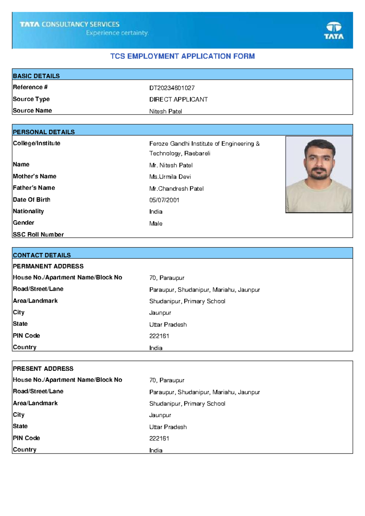DT20234601027 Application - TCS EMPLOYMENT APPLICATION FORM BASIC ...