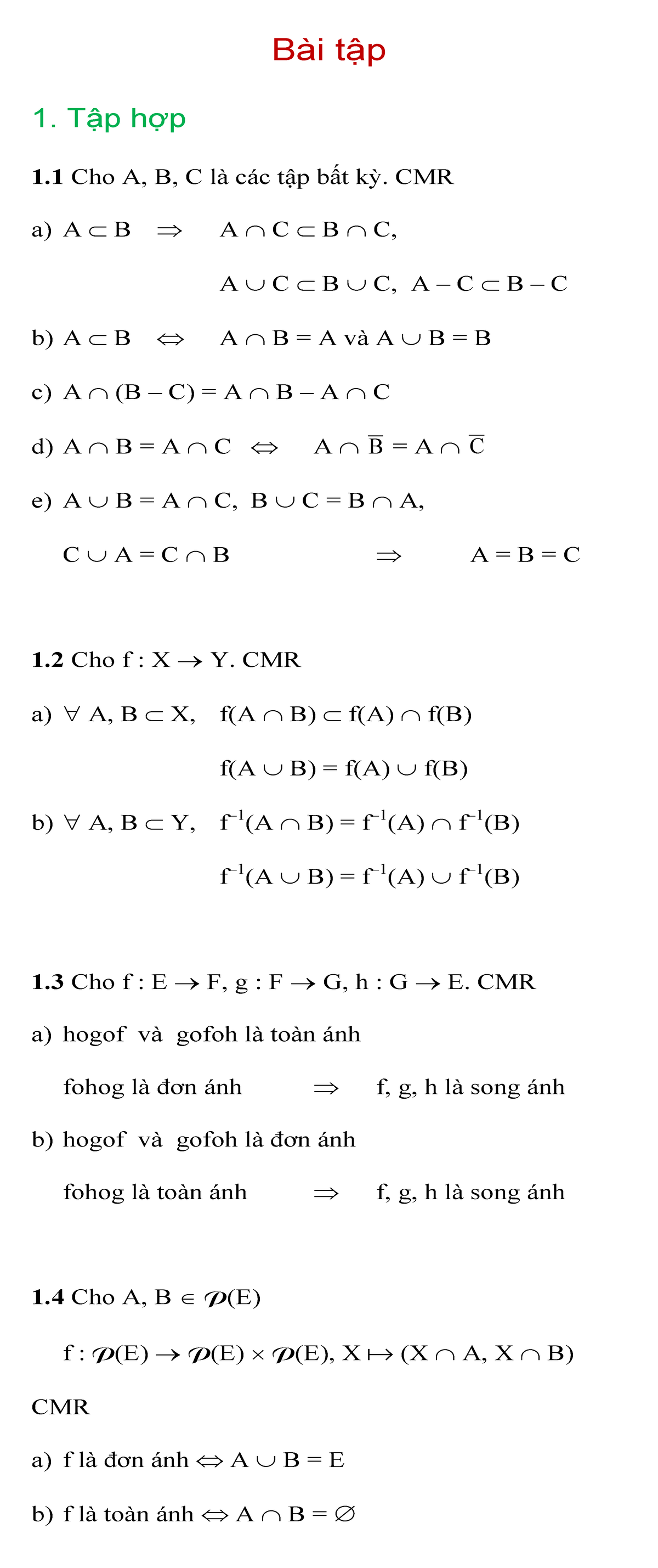 BT GT1 1 - giai tich 1 - Bài tập 1. Tập hợp 1 Cho A, B, C là các tập bất kỳ. CMR a) A B A C ...