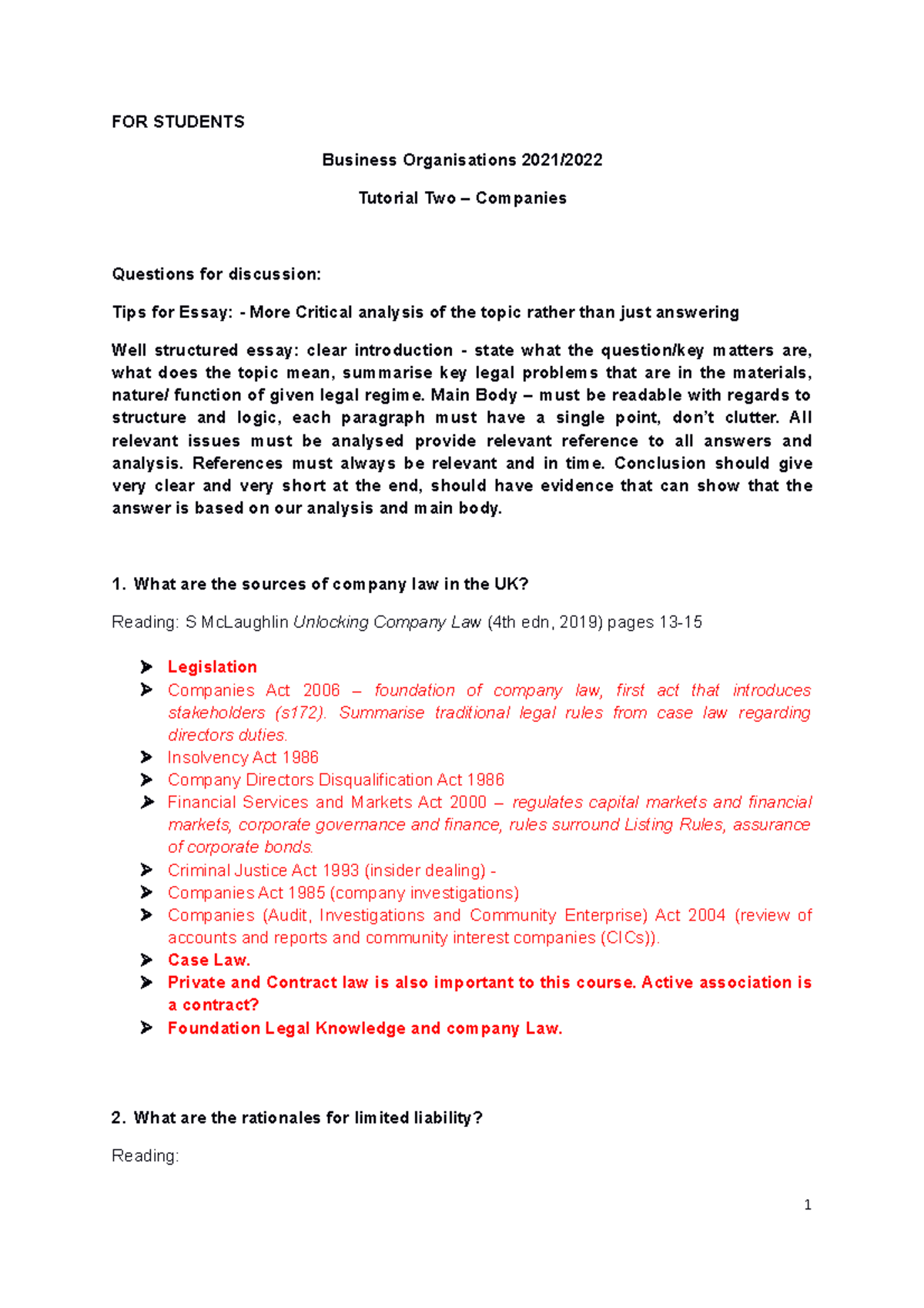 Tutorial 2 on Company Law - FOR STUDENTS Business Organisations 2021 ...