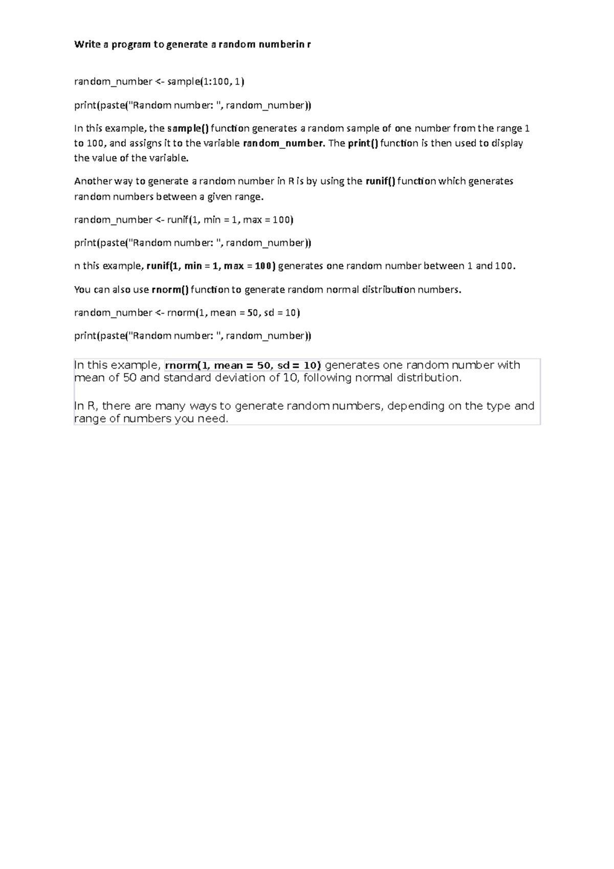 R random - Write a program to generate a random numberin r random_number