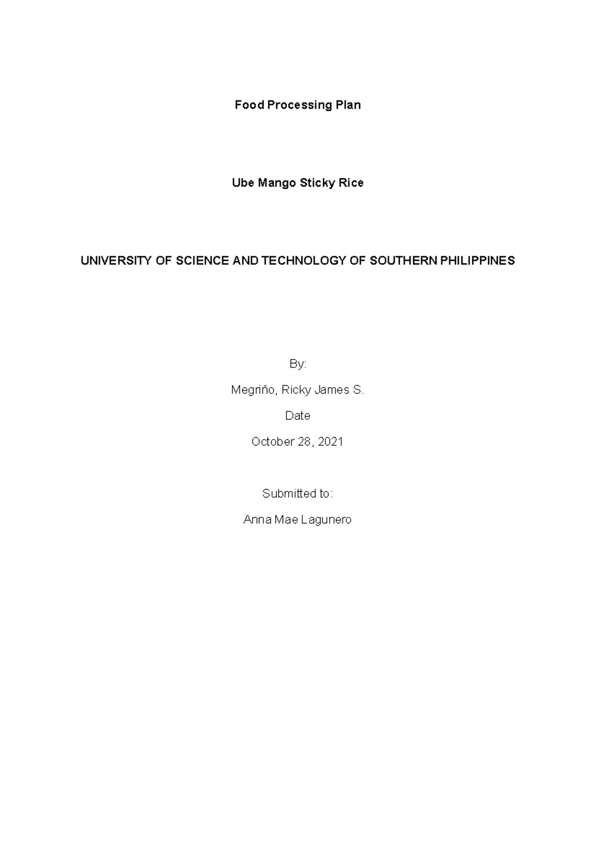 AFAE114 Megriño 1A - ggggggggggggggggg - Food Processing Plan Ube Mango Sticky Rice UNIVERSITY ...