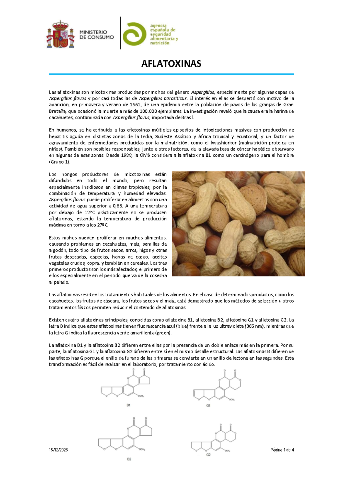 Ficha Aflatoxinas - lectura - AFLATOXINAS Las aflatoxinas son micotoxinas producidas por mohos ...