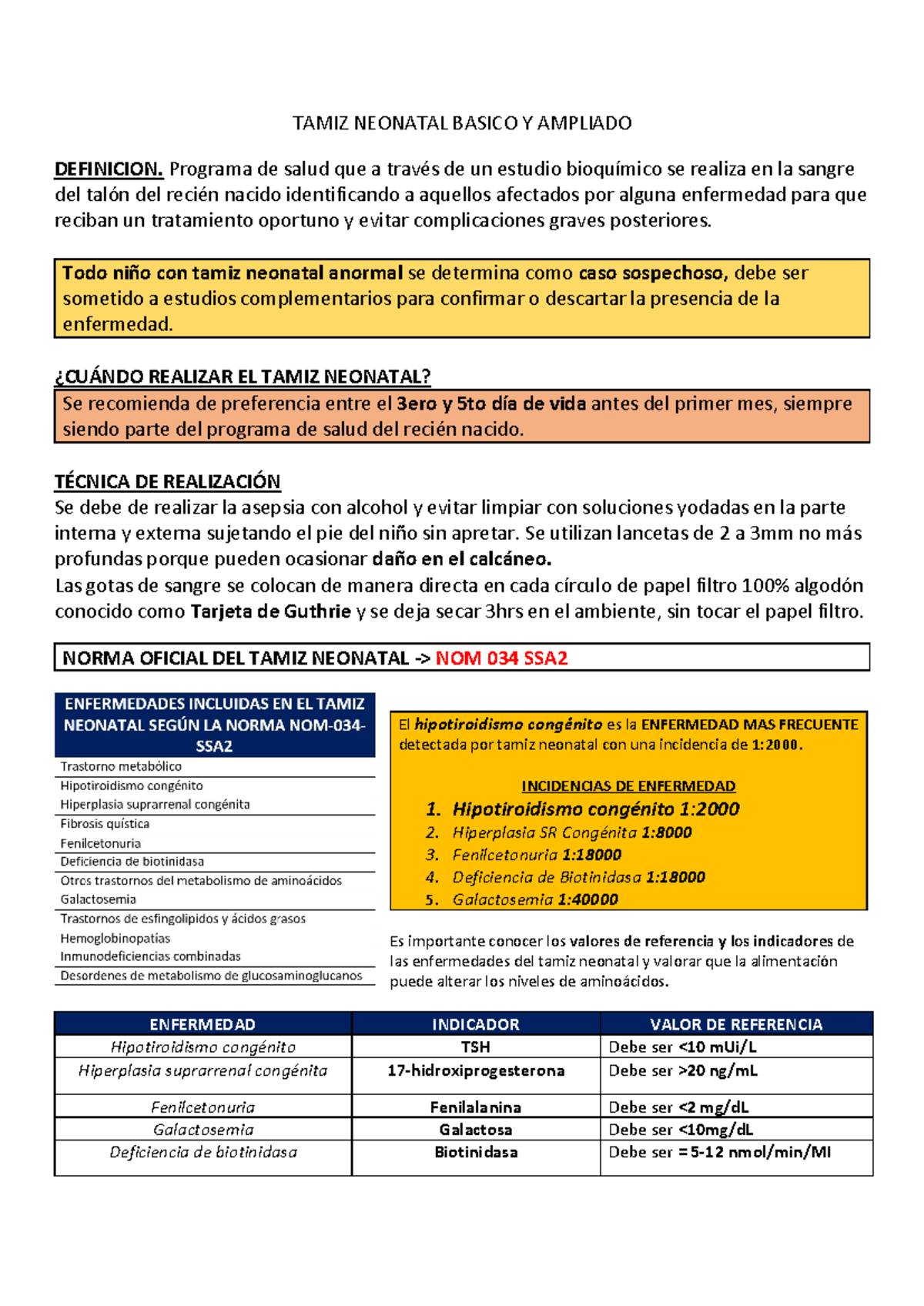 Tamiz Neonatal - Resumen pediatria - TAMIZ NEONATAL BASICO Y AMPLIADO ...