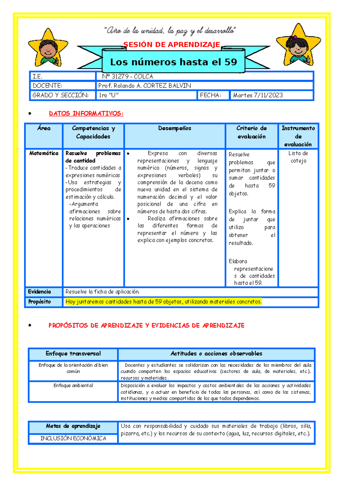 1º Sesión MAT LOS Números Hasta EL 59 - SESIÓN DE APRENDIZAJE I. Nº ...