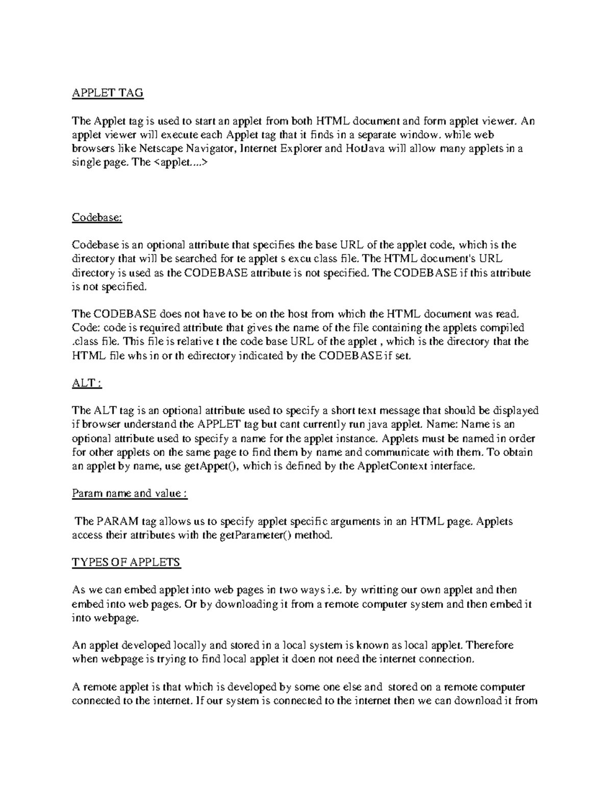 Applet TAG - APPLET TAG The Applet tag is used to start an applet from ...