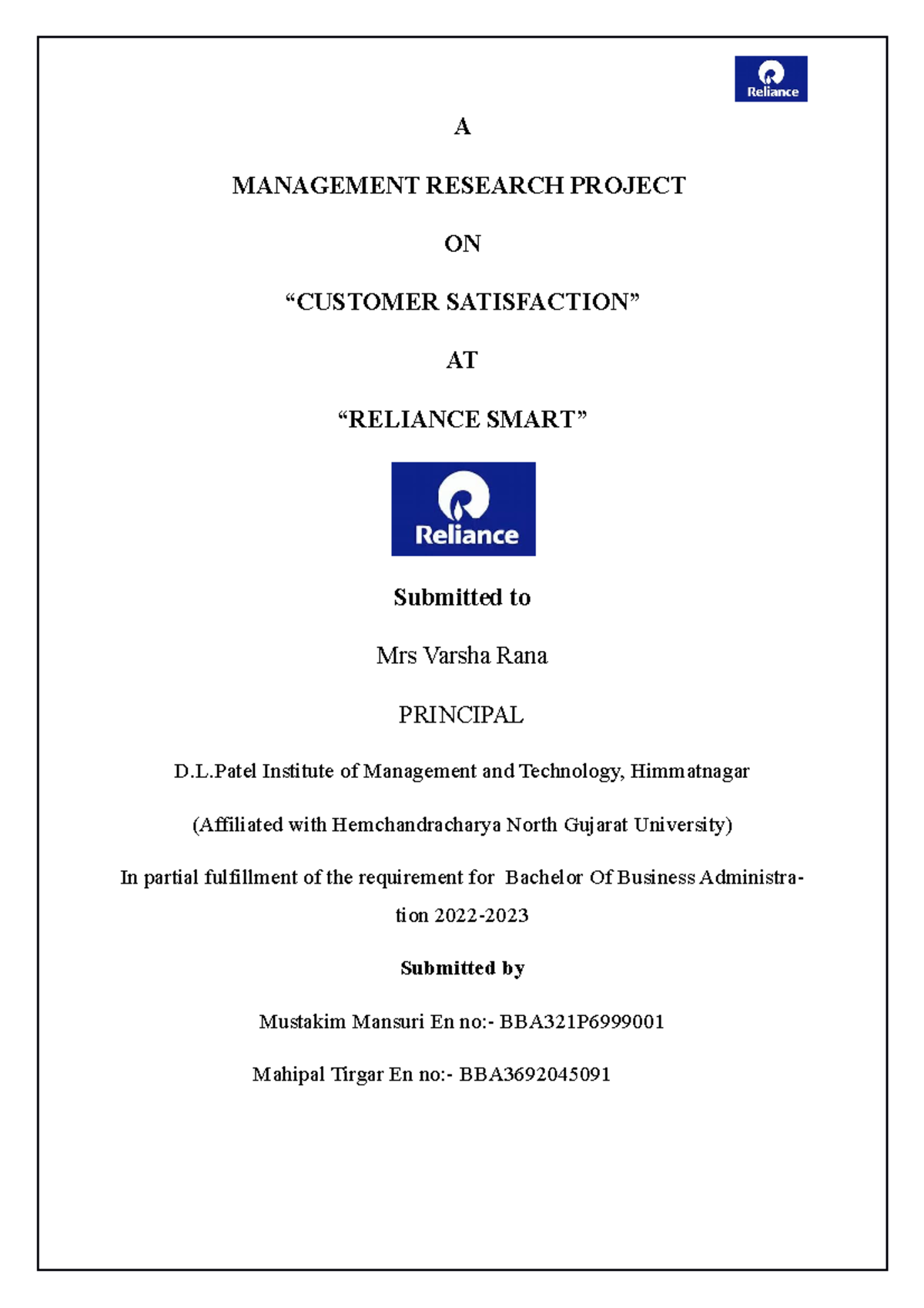 PROJECT CUSTOMER SATISFACTION - A MANAGEMENT RESEARCH PROJECT ON ...