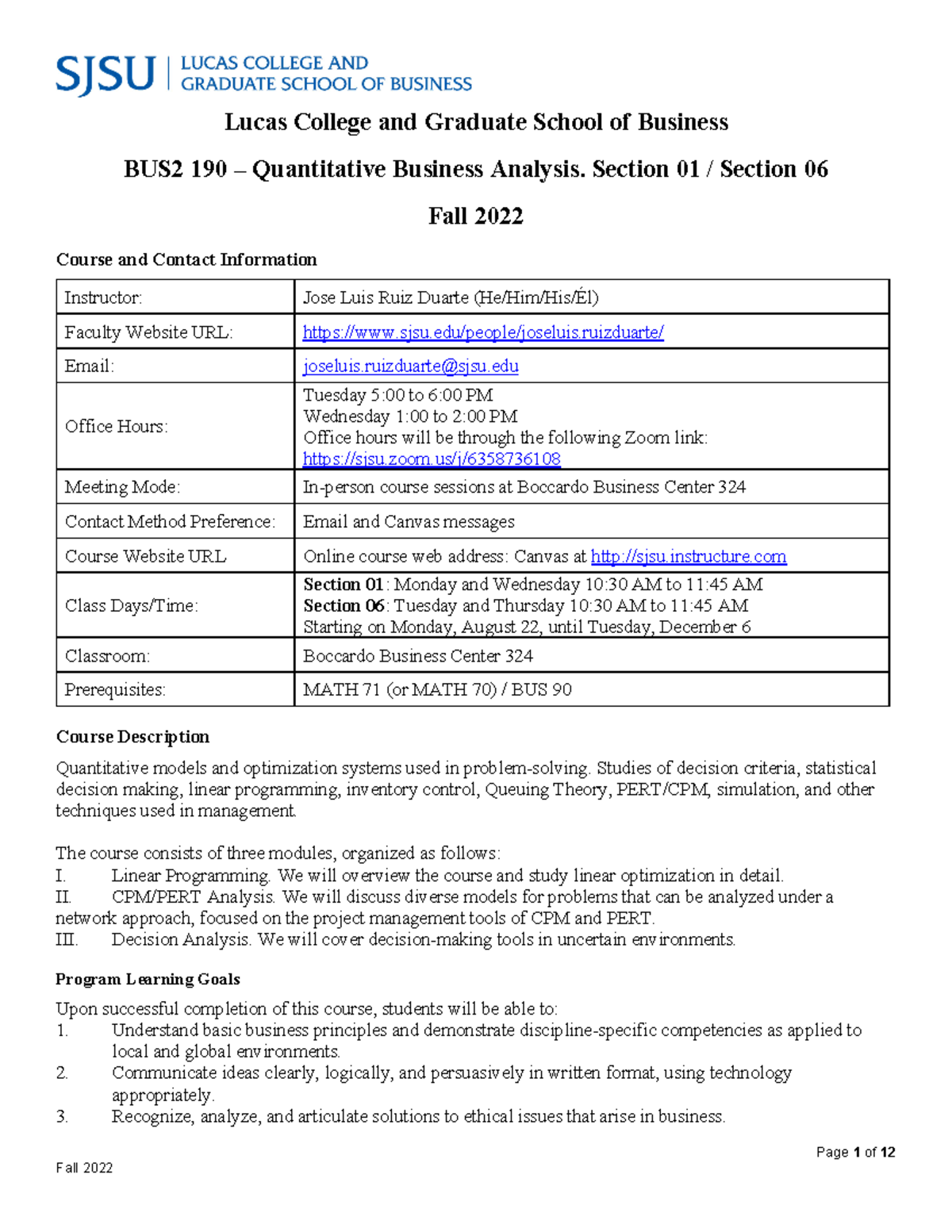 BUS-190 Syllabus - Page 1 of 12 Lucas College and Graduate School of ...