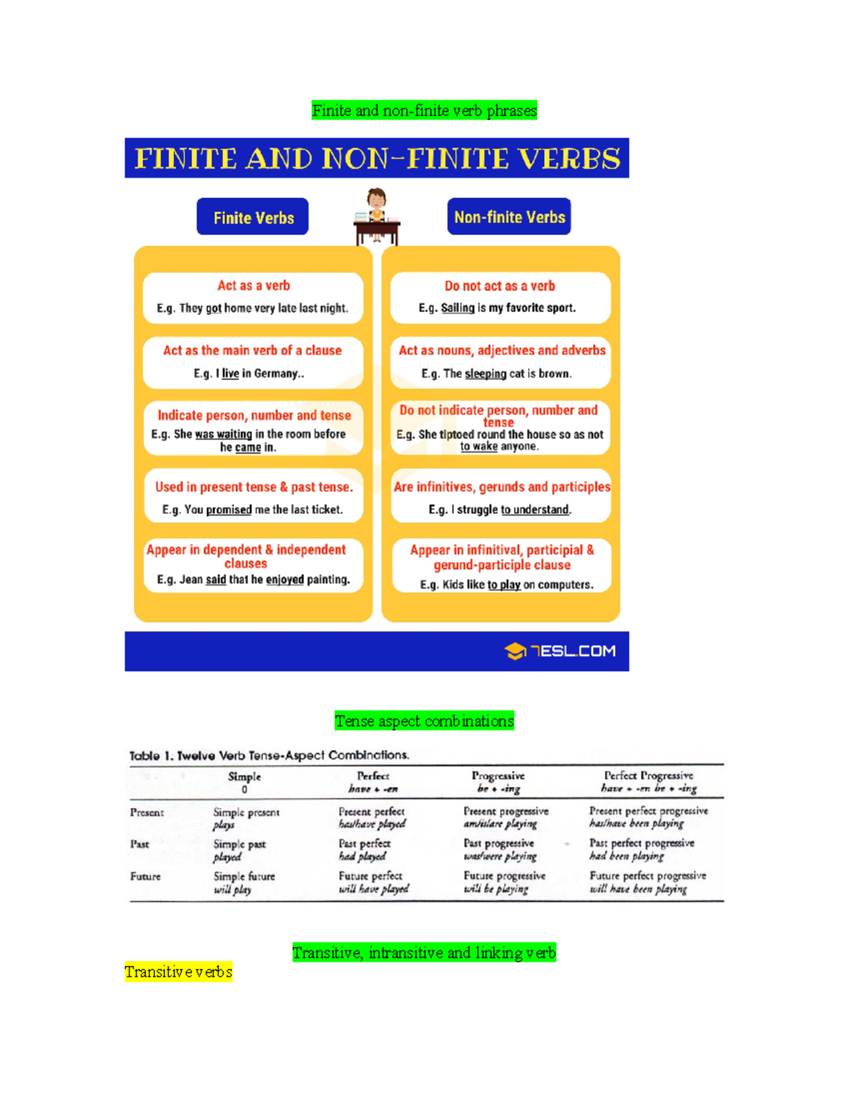 Grammar esl - verbs - Finite and non-finite verb phrases Tense aspect ...