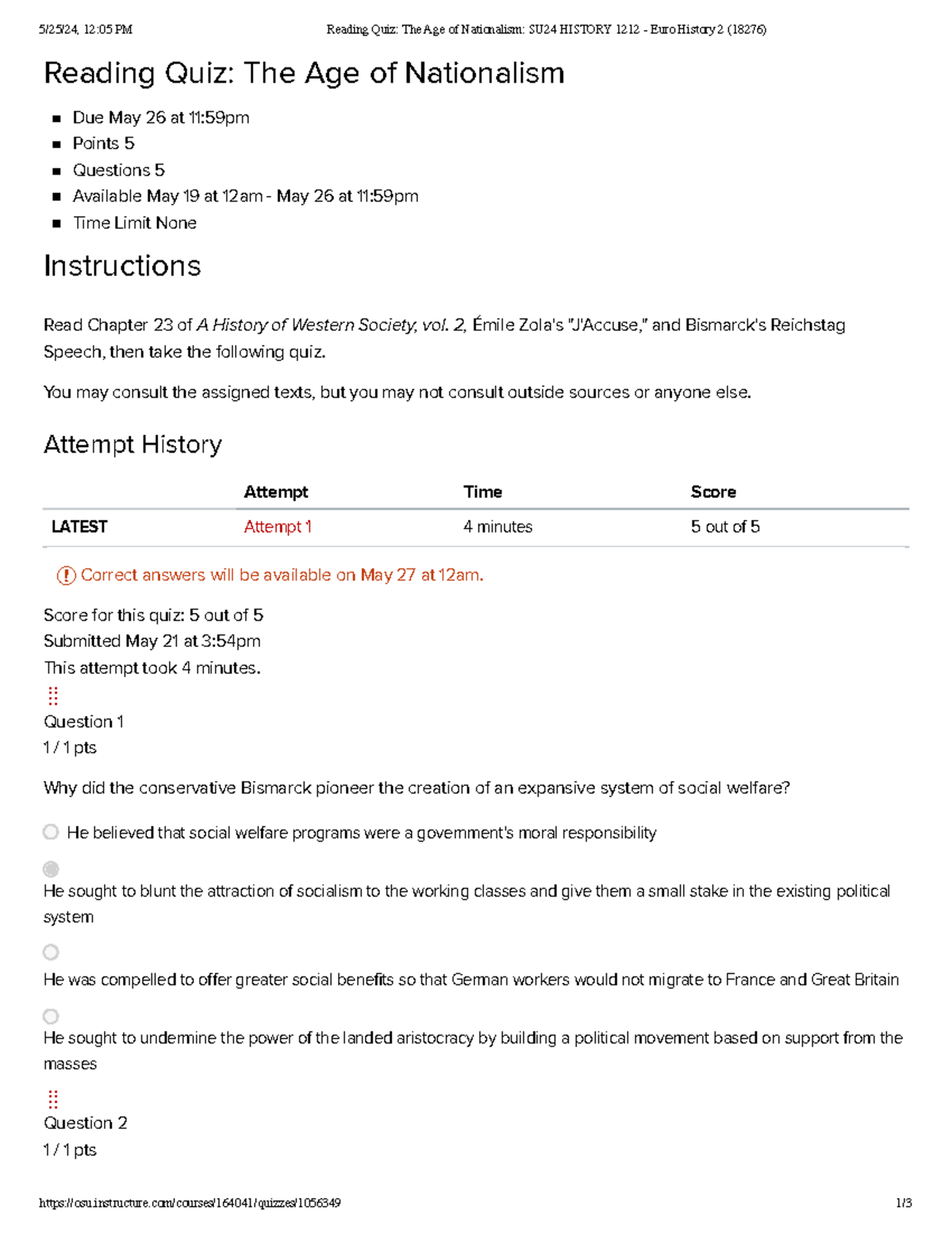 Reading Quiz The Age of Nationalism SU24 History 1212 - Euro History 2 ...