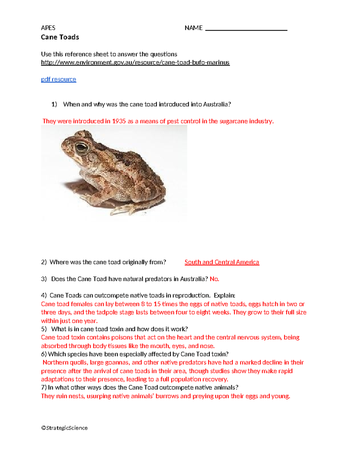 Copy of Cane Toads Invasive Species Distance Learning - APES NAME Cane ...