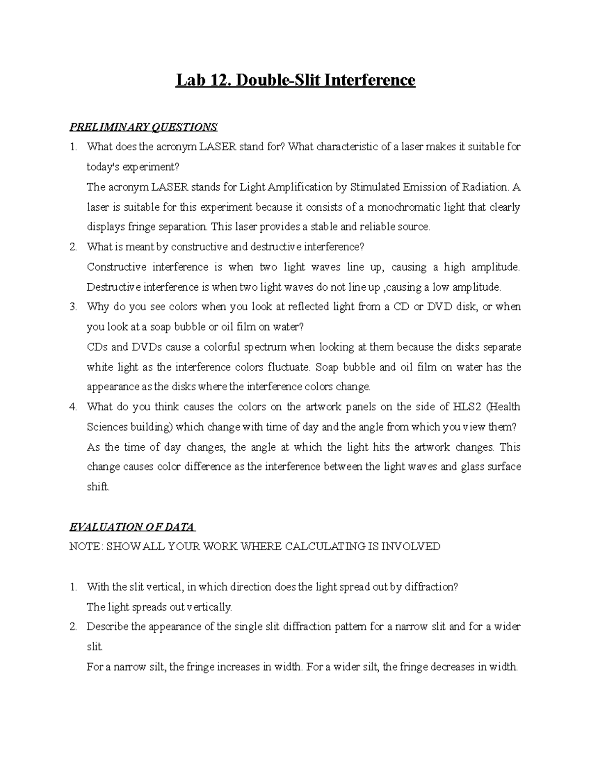 Lab 12 Questions - LAB 12 DOUBLE SLIT INTERFERENCE - Lab 12. Double-Slit Interference ...