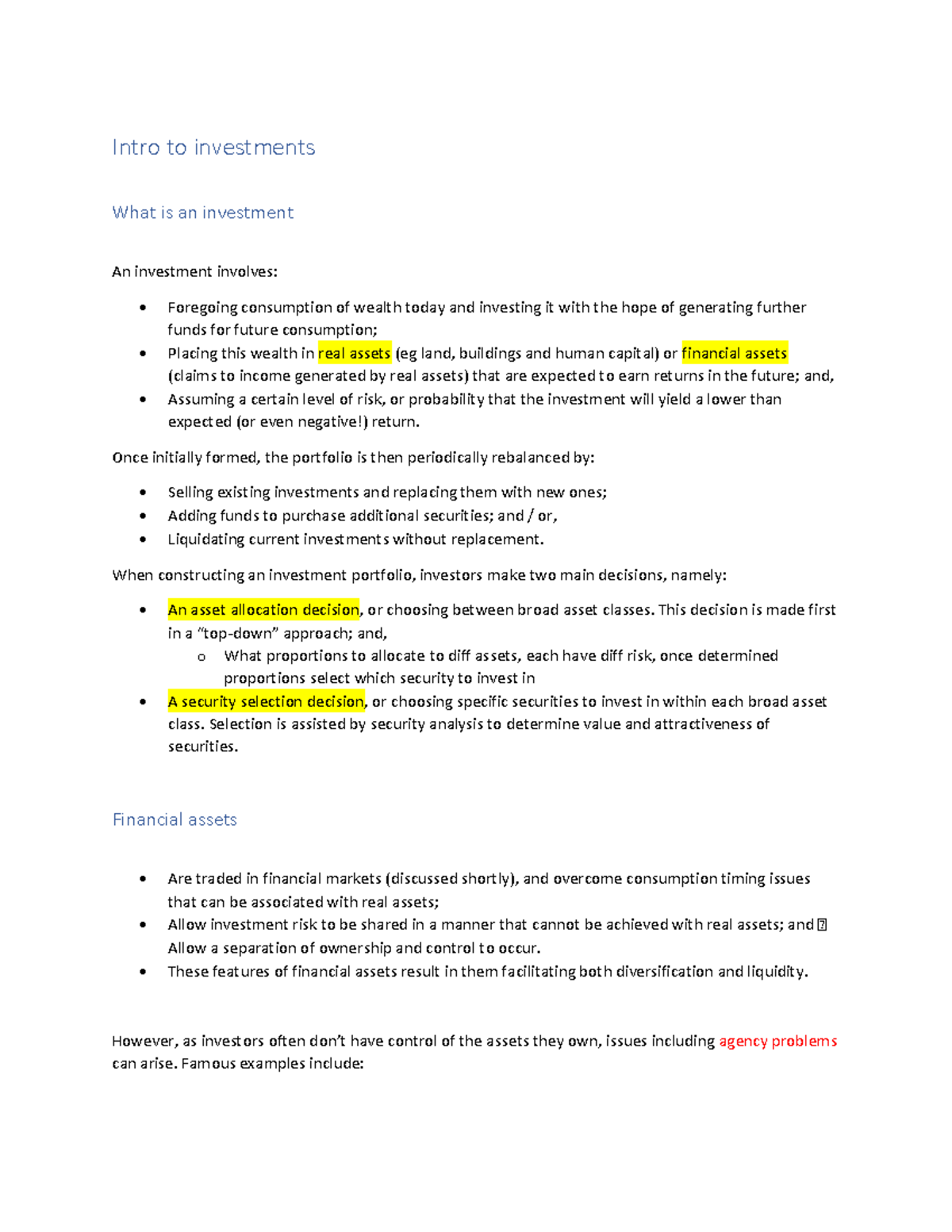 FINM2003 - investment - notes weeks 1 to 6 - Intro to investments What ...