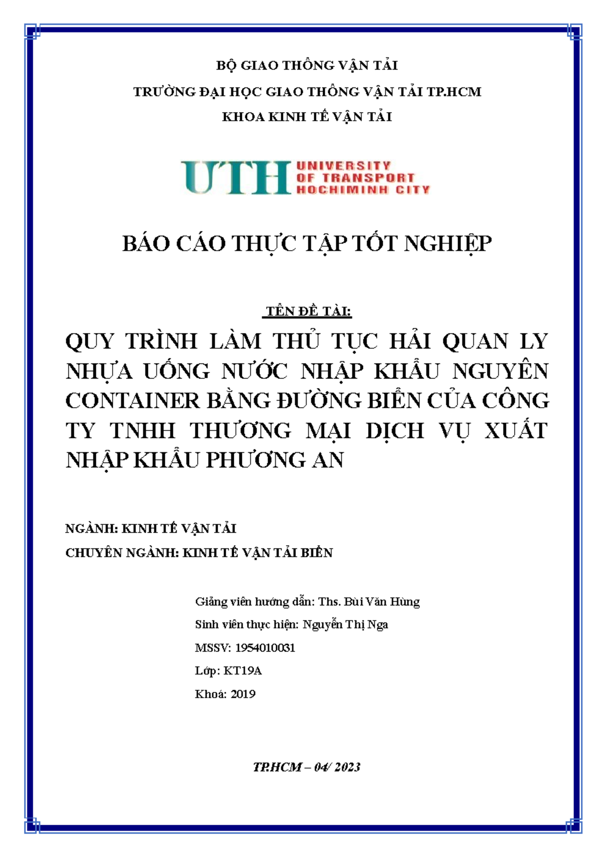 NK FCL UTH - Báo cáo thực tập xuất nhập khẩu đường biển FCL - BỘ GIAO THÔNG VẬN TẢI TRƯỜNG ĐẠI ...