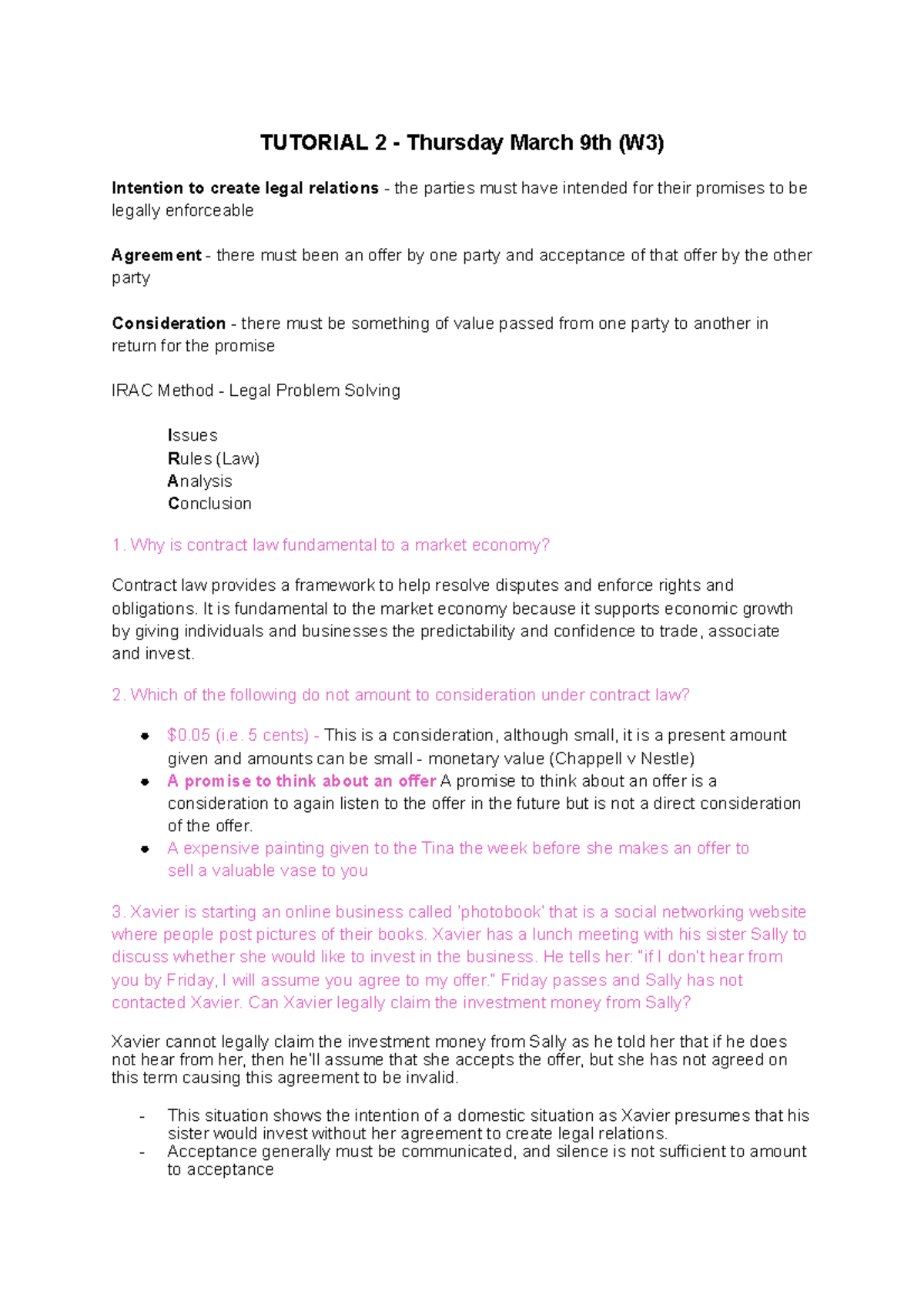 ACCG2051 Tutorial 2 Questions - TUTORIAL 2 - Thursday March 9th (W3) Intention to create legal ...