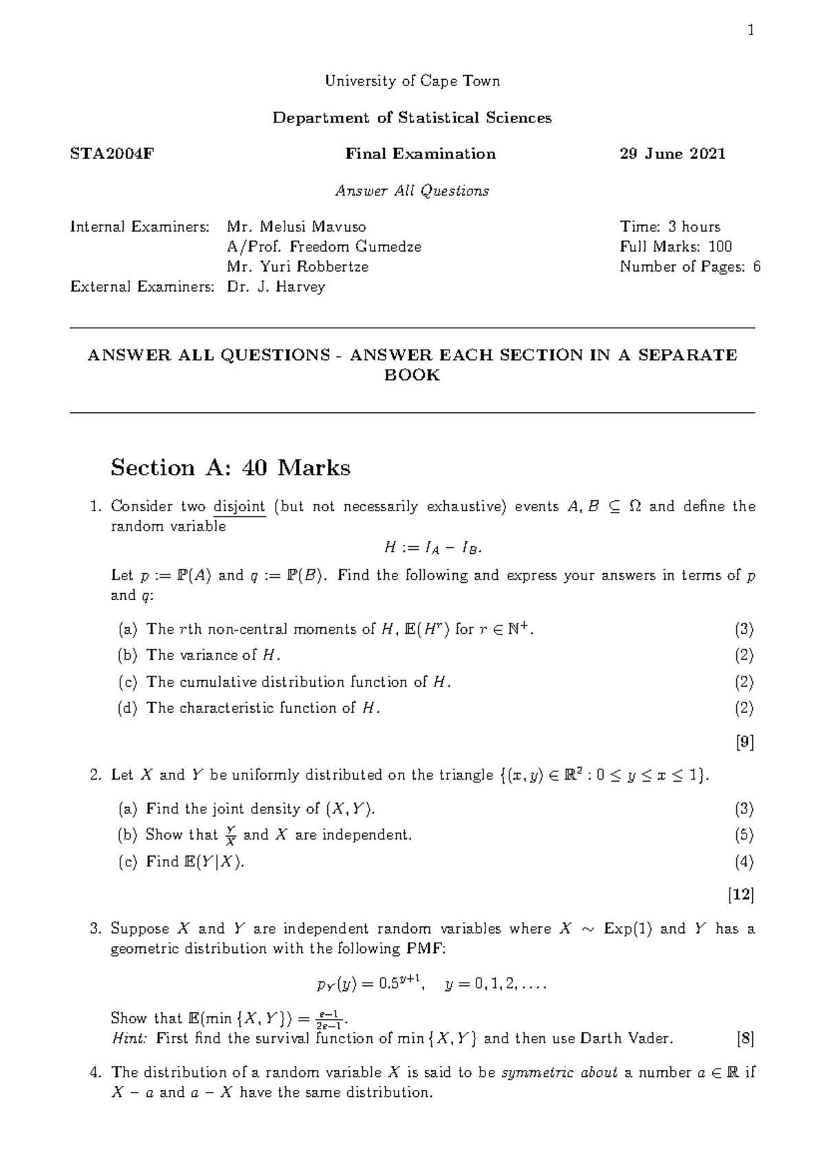 STA2004 F June2021Exam - University of Cape Town Department of ...