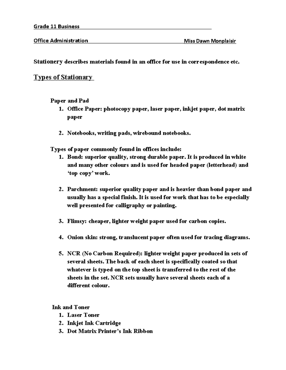 Office Administration - Grade 11 Business Office Administration Miss ...