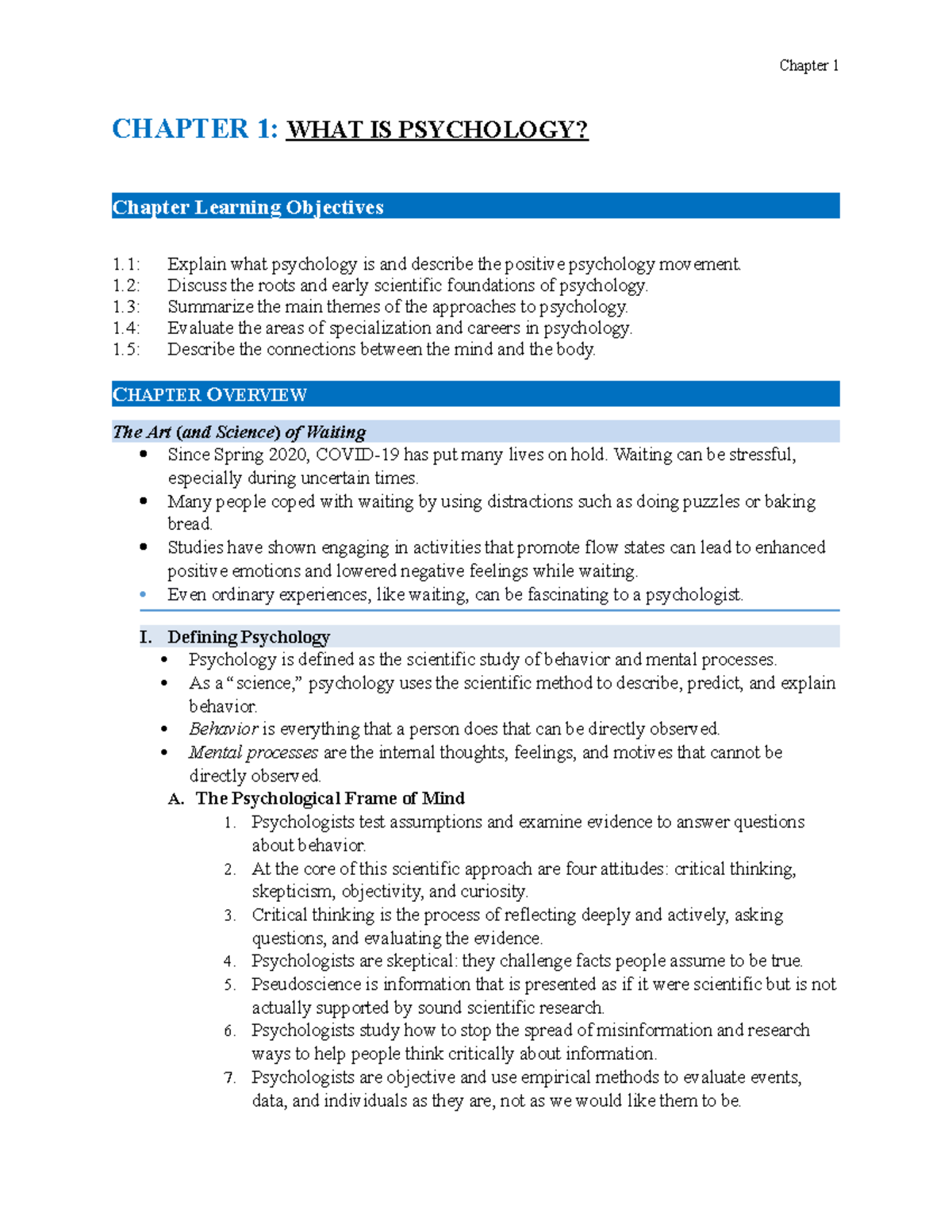 Ch 1 study guide - CHAPTER 1: WHAT IS PSYCHOLOGY? Chapter Learning ...