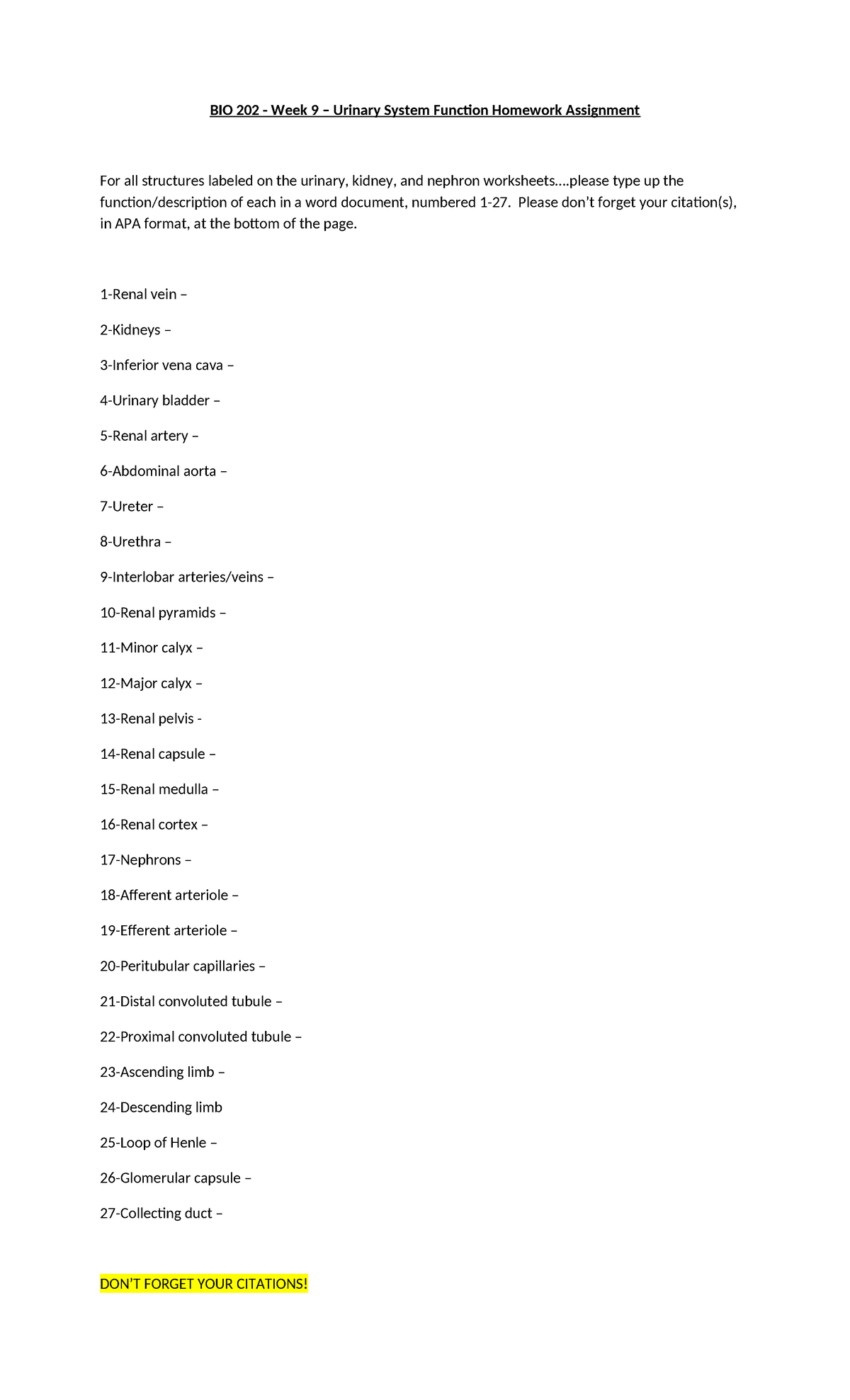 Functions Assignment-1 - BIO 202 - Week 9 – Urinary System Function Homework Assignment For all ...