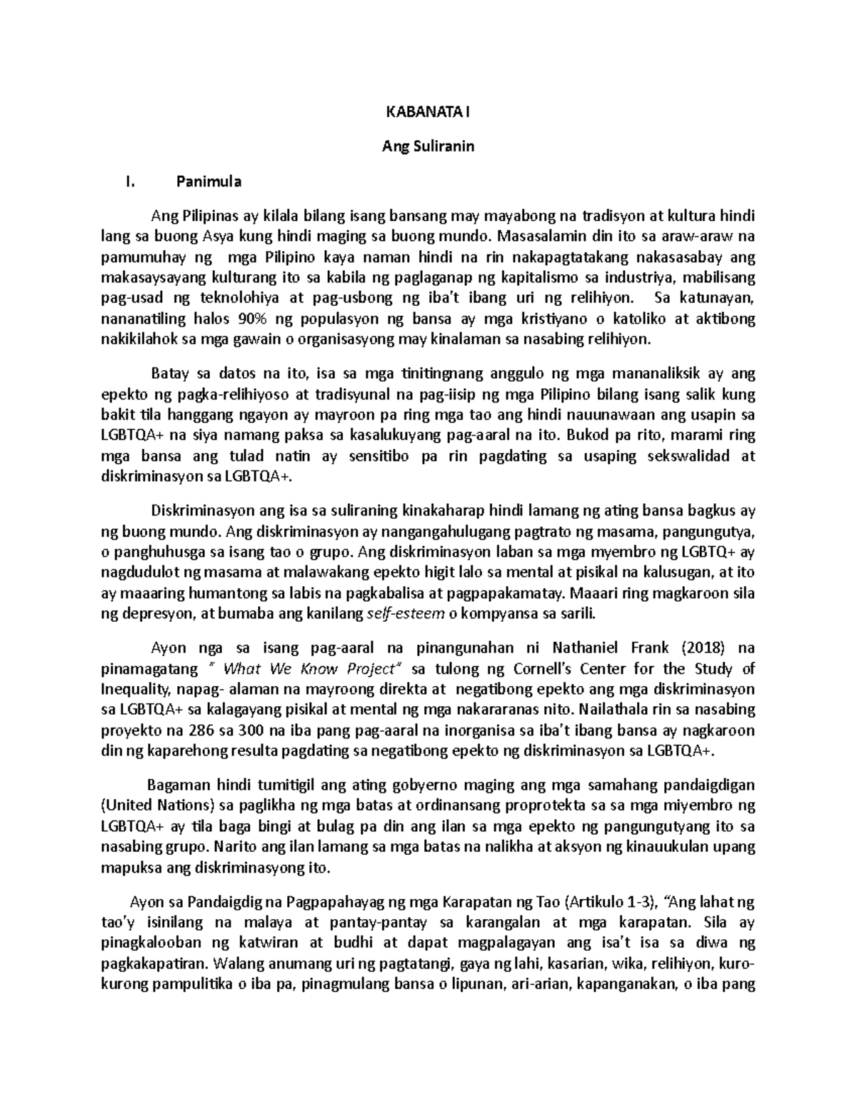 PUNP - Research - KABANATA I Ang Suliranin I. Panimula Ang Pilipinas ay ...