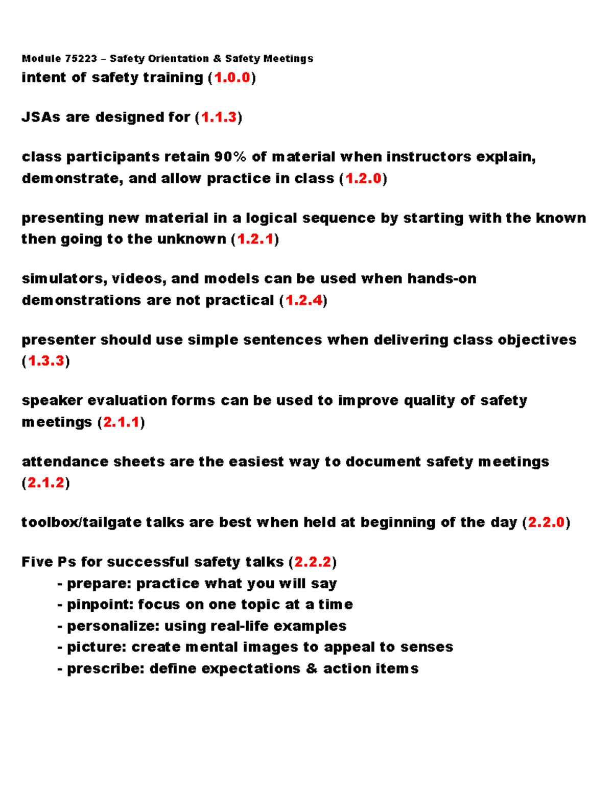 Module 75223 Key Points - Module 75223 – Safety Orientation & Safety ...