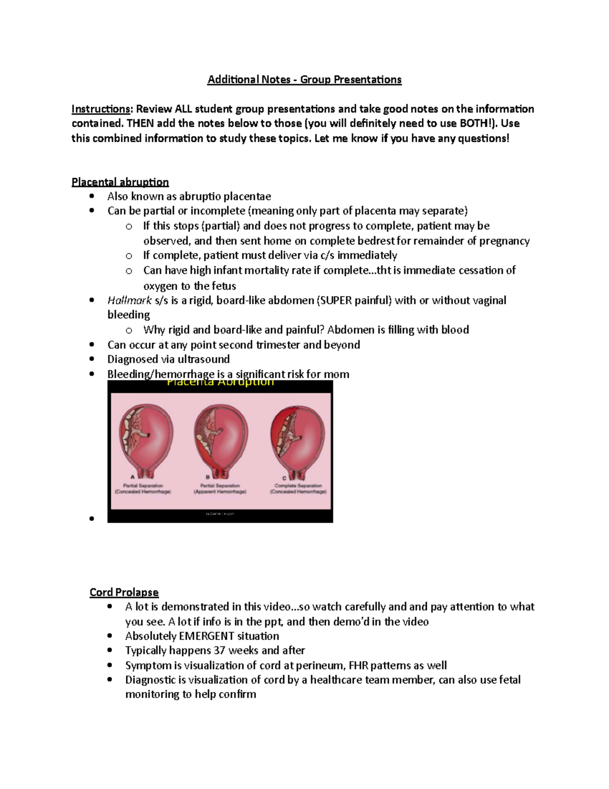 Additional Notes Pregnancy Complications - Addiional Notes - Group ...