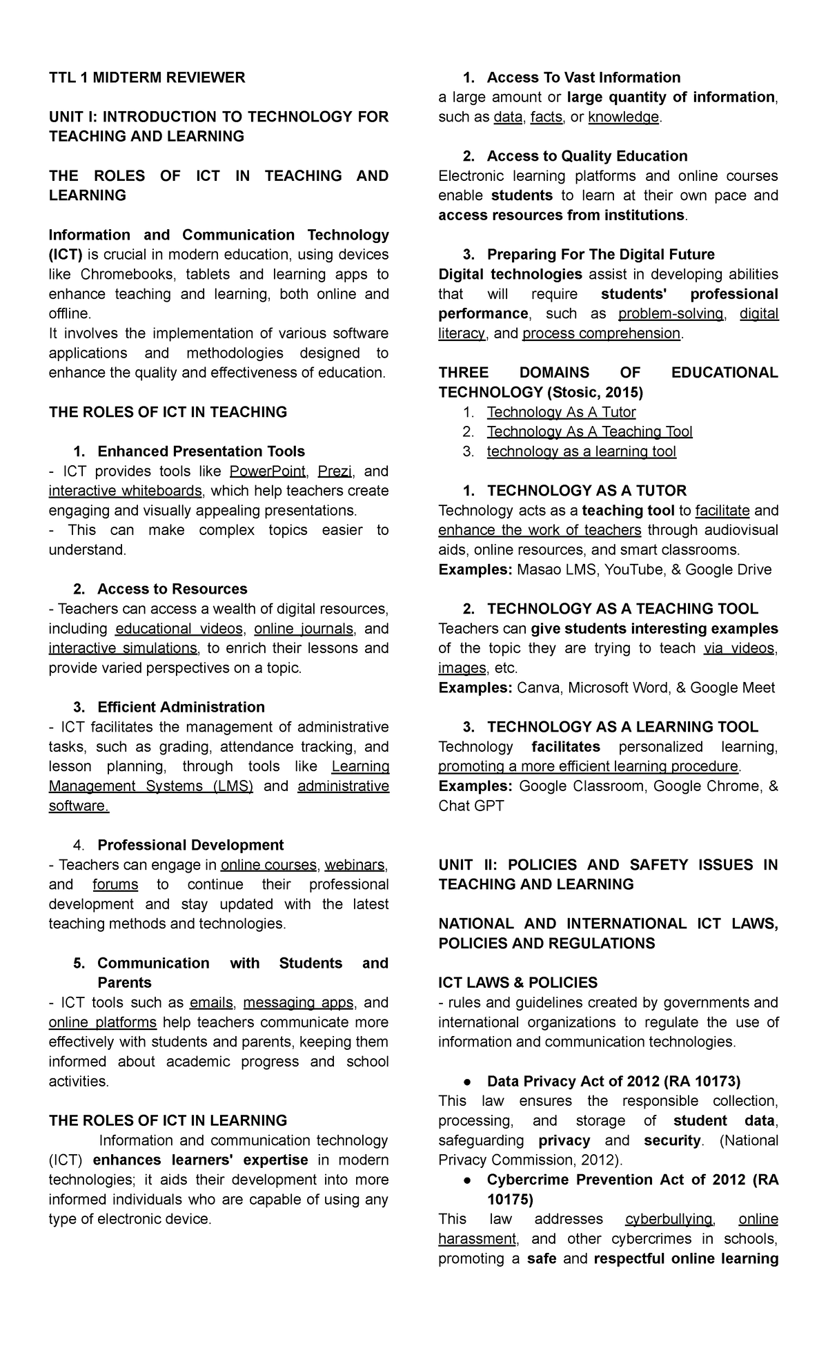 TTL 1 Midterm Reviewer - TTL 1 MIDTERM REVIEWER UNIT I: INTRODUCTION TO TECHNOLOGY FOR TEACHING ...