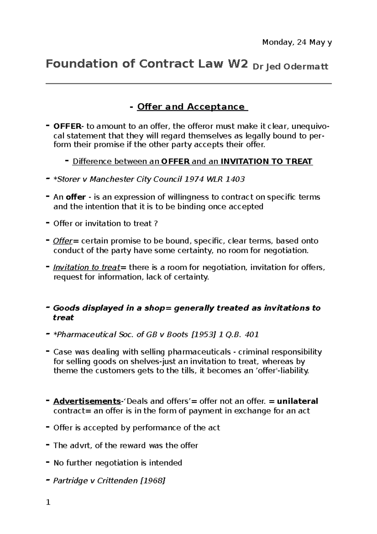 Contract Law W2 - Lecture notes 3 - Monday, 24 May y Foundation of ...