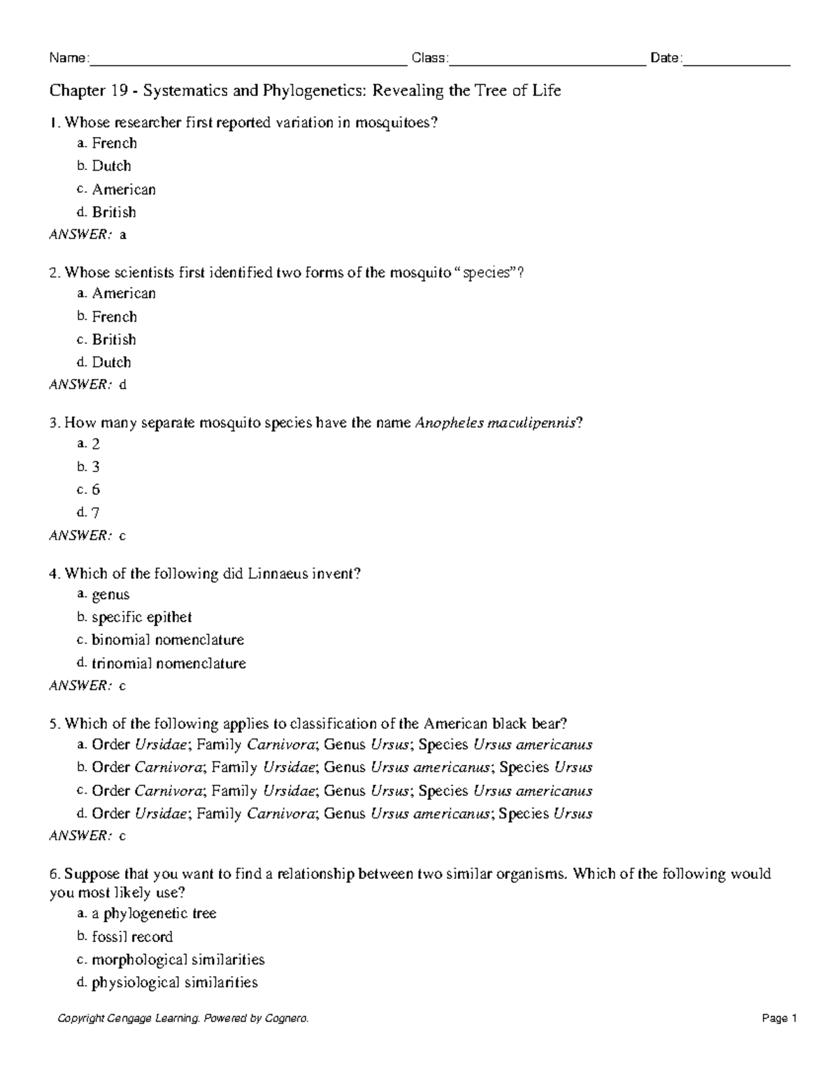 BIO EXAM BANK - Bio - Chapter 19 - Systematics and Phylogenetics ...