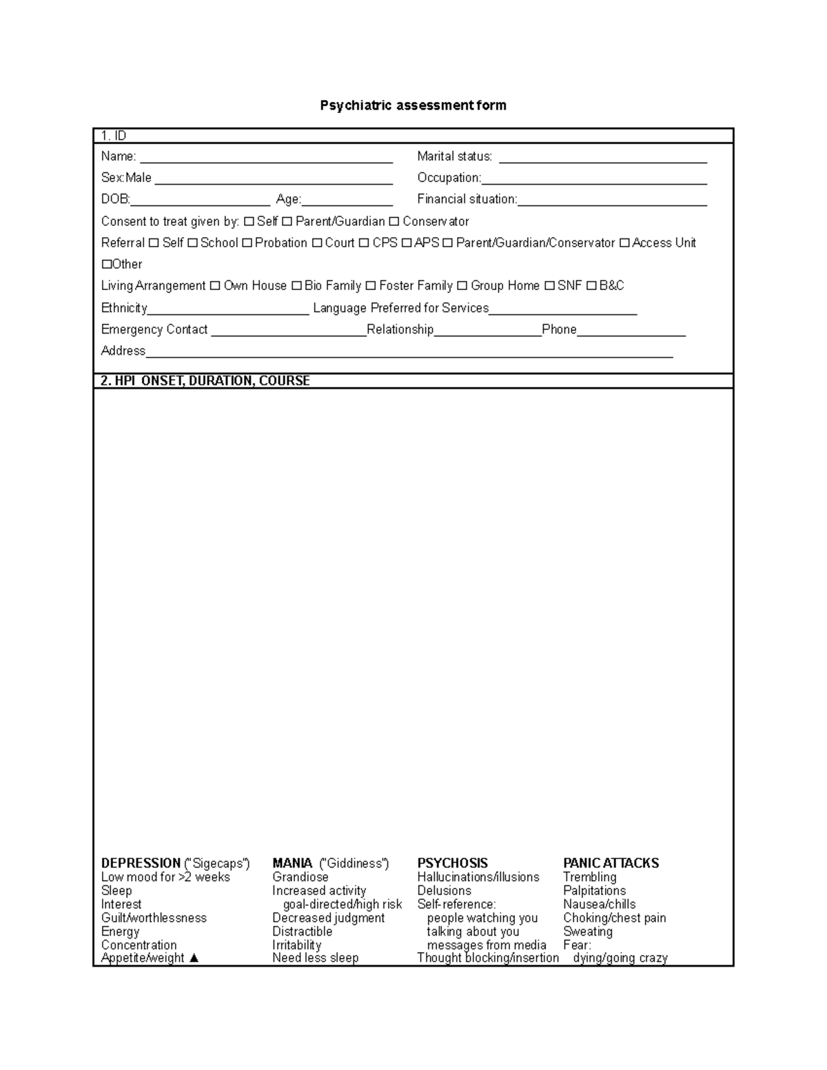 Psych Initial - Psychiatric assessment form 1. ID Name