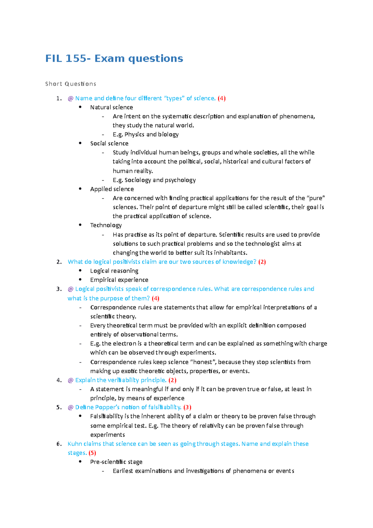 FIL 155 possible Exam questions - FIL 155- Exam questions Sh ort Que ...