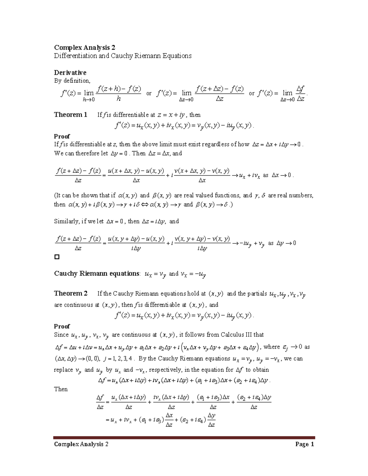Complex Analysis 2, Derivitive and CR Equations - Complex Analysis 2 ...