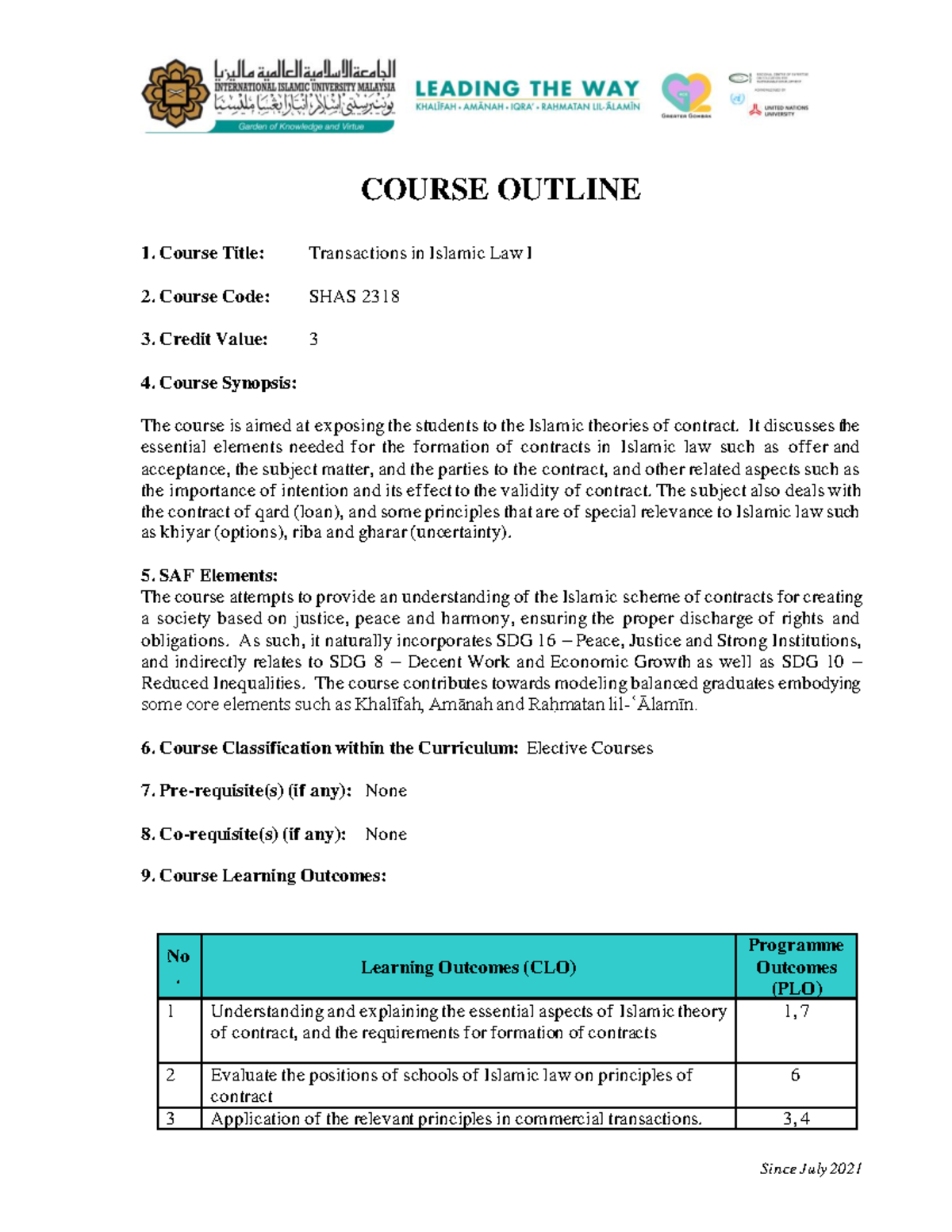 Course Outline Transactions in Islamic Law - COURSE OUTLINE 1. Course ...