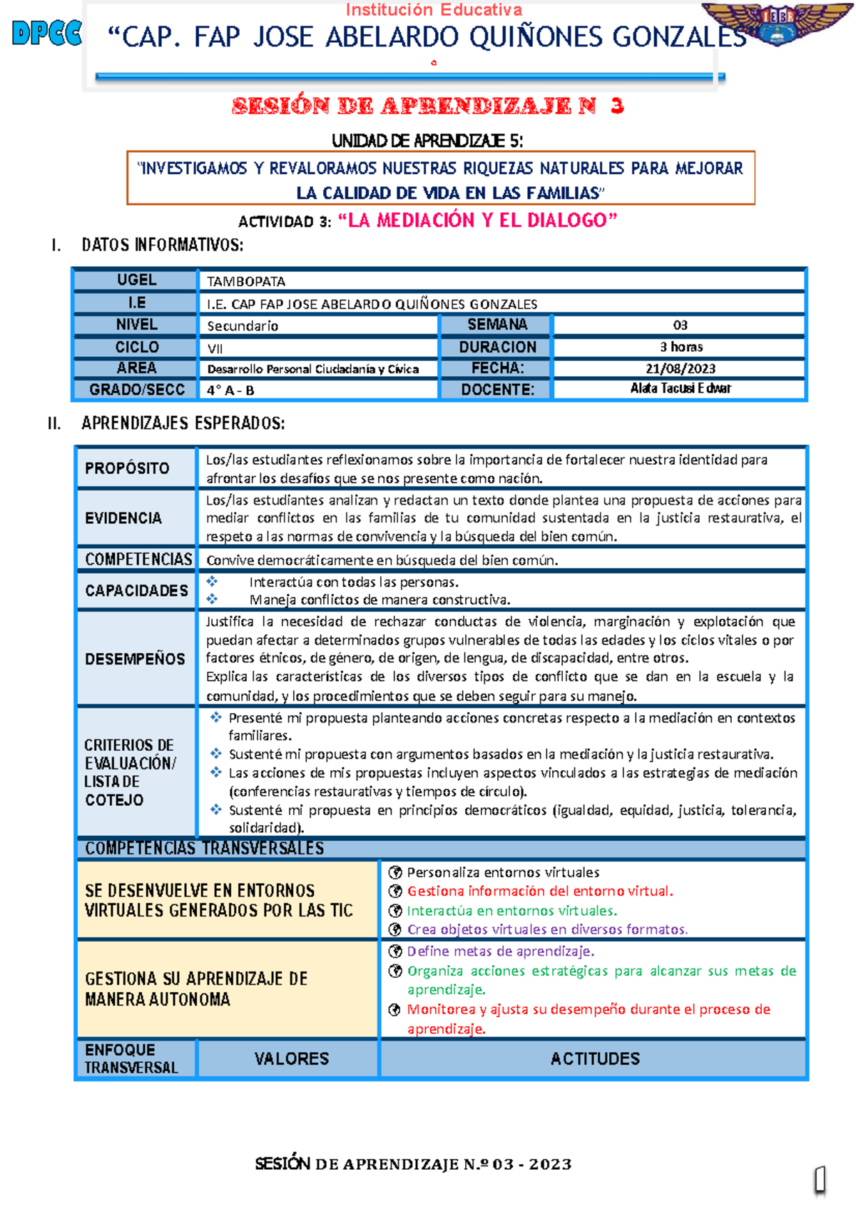 4º DPCC- SES 3 UNI 5 - SEM 03 - “CAP. FAP JOSE ABELARDO QUIÑONES GONZALES” ° UNIDAD DE ...